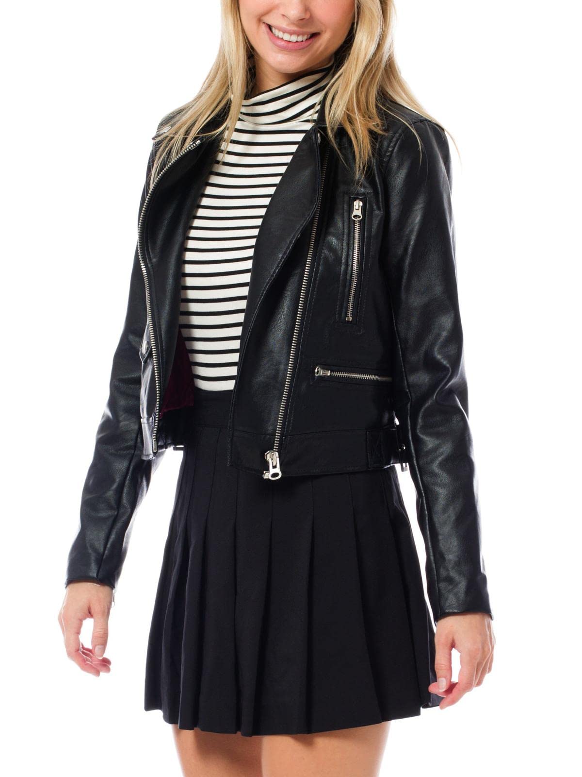 Design by Olivia Women's Long Sleeve Zipper Closure Moto Biker Faux Leather Jacket Black2 L