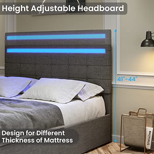 ADORNEVE Queen LED Bed Frame with 4 Drawers and 2 USB Charging Station, Queen Size Bed Frame with LED Lights Headboard Footboard, Upholstered Platform Bed with Storage, No Box Spring Needed, Dark Grey