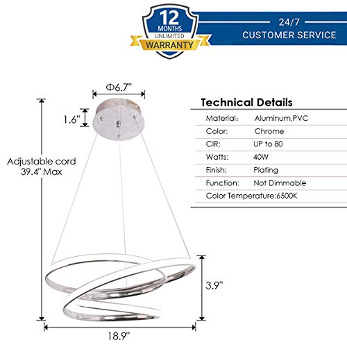 CHYING Modern Pendant Light with Irregular Ring Lights 40W LED Adjustable Chandelier 39.4 inch Ceiling Light Fixture for Dining Room Bedroom Living Room 39.4in Chrome