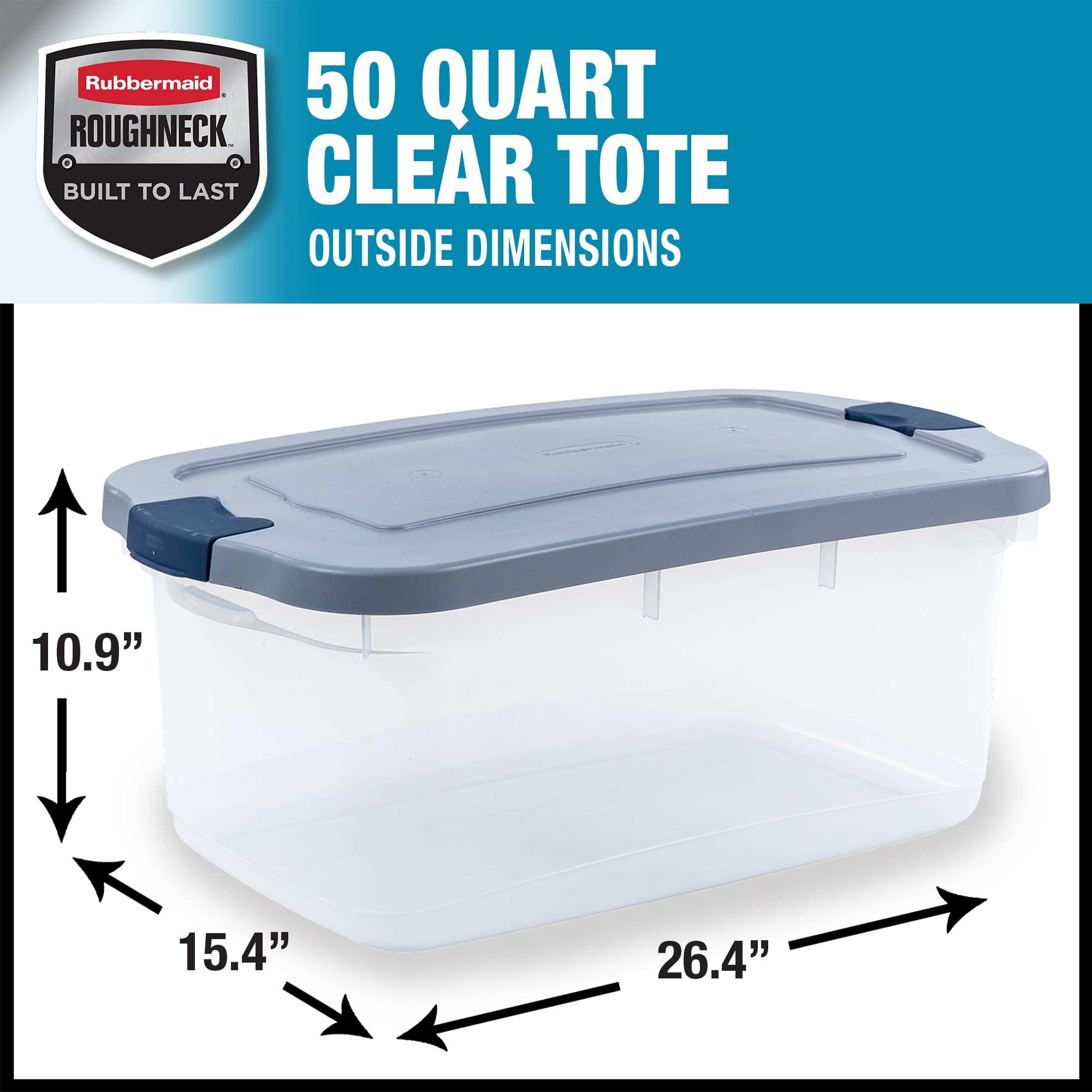 Rubbermaid Roughneck Clear 50 Qt/12 Gal Storage Containers, Pack of 5 with Latching Grey Lids, Visible Base, Sturdy and Stackable, Great for Storage and Organization