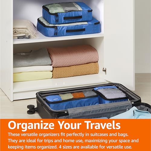 Amazon Basics 4 Piece Travel Organized Zippered Packing Cubes Set, Small, Medium, Large, Slim, Blue
