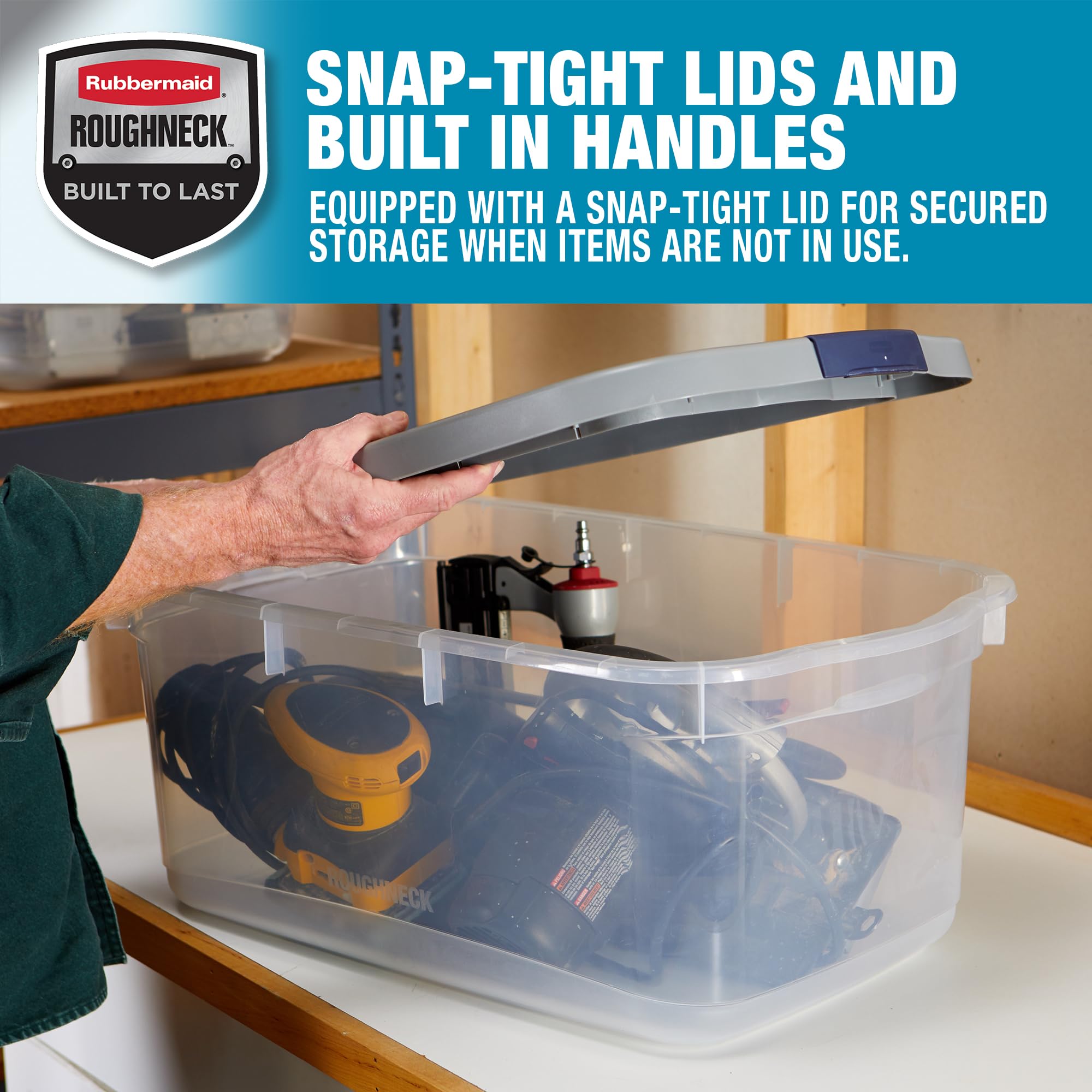 Rubbermaid Roughneck Clear 50 Qt/12 Gal Storage Containers, Pack of 5 with Latching Grey Lids, Visible Base, Sturdy and Stackable, Great for Storage and Organization