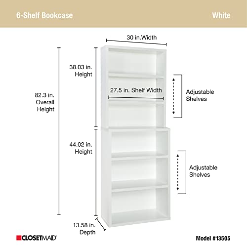 ClosetMaid Bookshelf with 6 Shelf Tiers, Adjustable Shelves, Tall Bookcase Hutch, Sturdy Wood With Closed Back Panel, White Finish