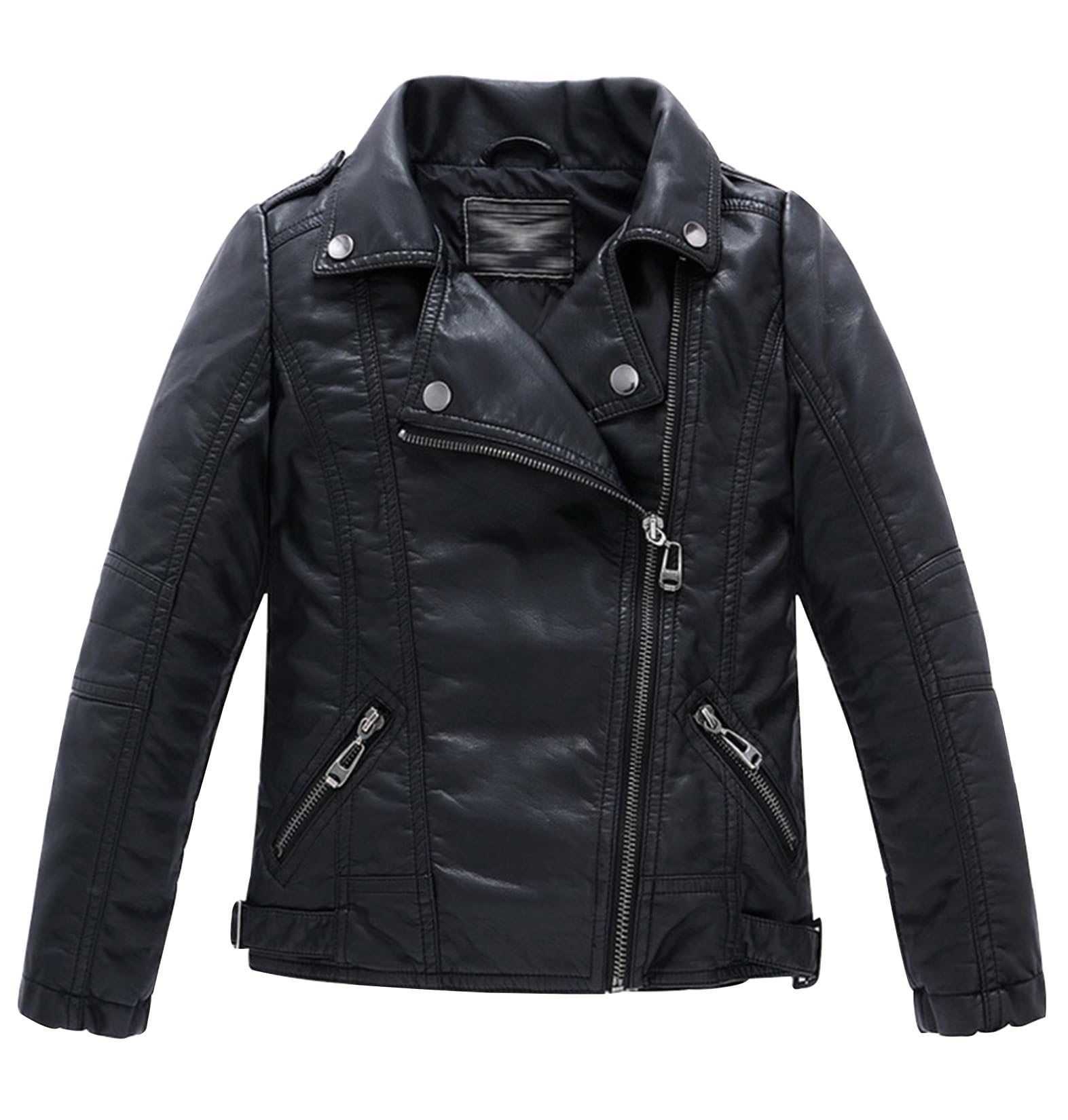 LOKTARC Boys Girls Spring Moto Faux Leather Jackets with Oblique Zipper Black 10-11 Years/Size 140