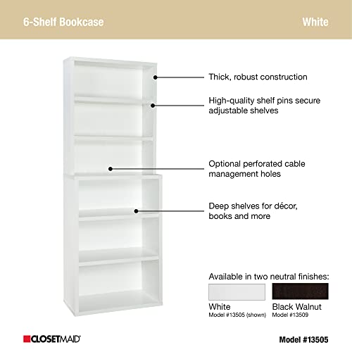 ClosetMaid Bookshelf with 6 Shelf Tiers, Adjustable Shelves, Tall Bookcase Hutch, Sturdy Wood With Closed Back Panel, White Finish