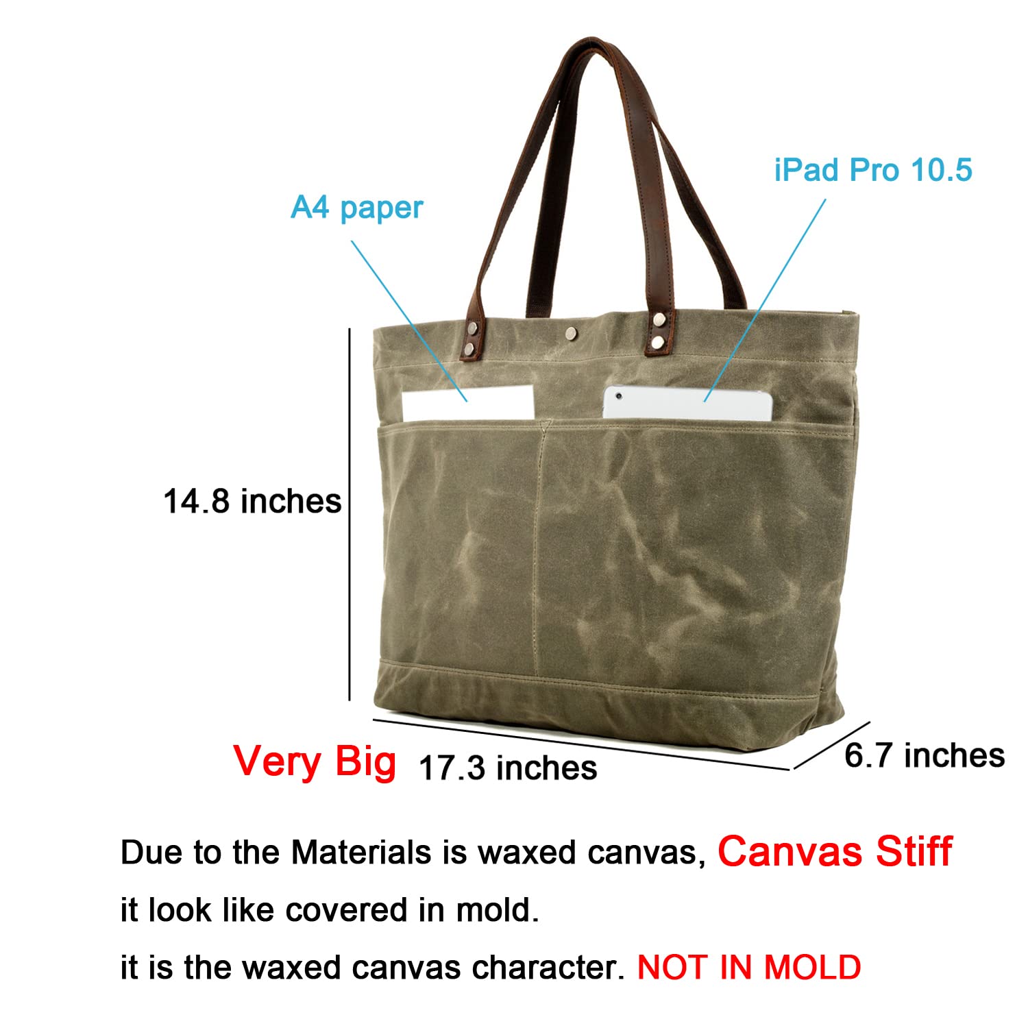 WUDON Waxed Canvas Travel Tote Bag - Extra Large Carryall Shoulder Bag for Women (Green)