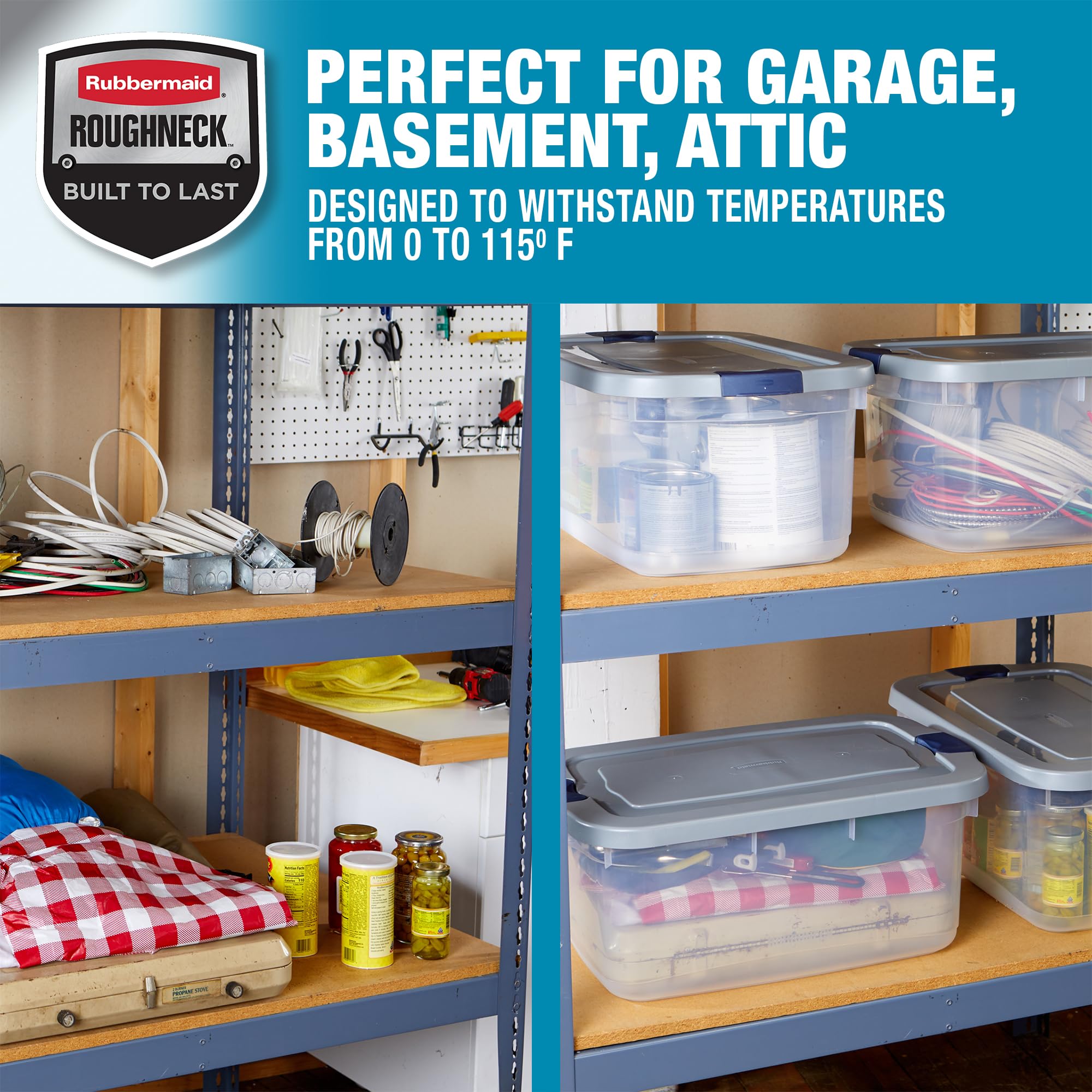 Rubbermaid Roughneck Clear 50 Qt/12 Gal Storage Containers, Pack of 5 with Latching Grey Lids, Visible Base, Sturdy and Stackable, Great for Storage and Organization