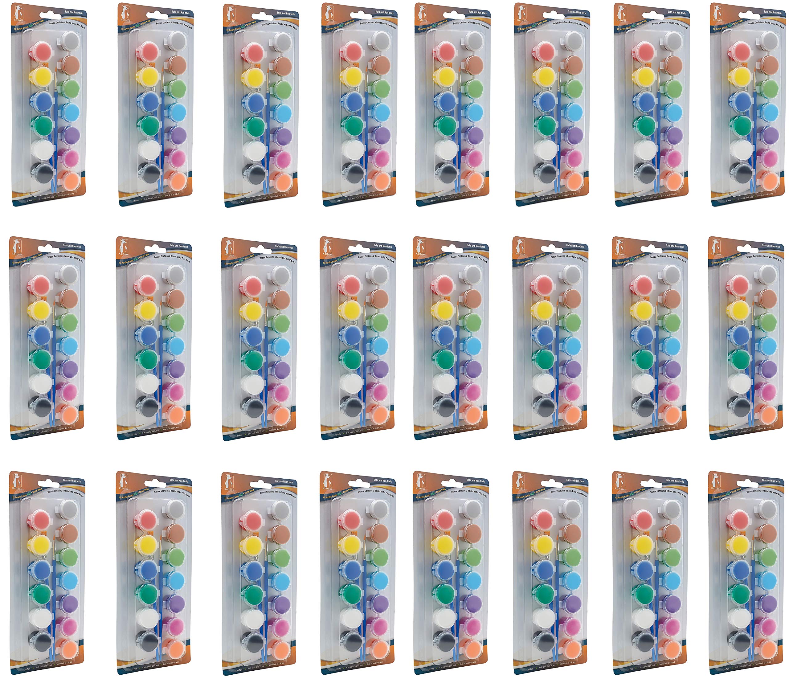 Bulk Acrylic Paint Sets For Kids, 24 Individual Sets of 12 Colored Paints a Glitter Paint and 2 Brushes, For Schools Clubs and Camps, Essential Craft Supplies for All Arts and Crafts Projects