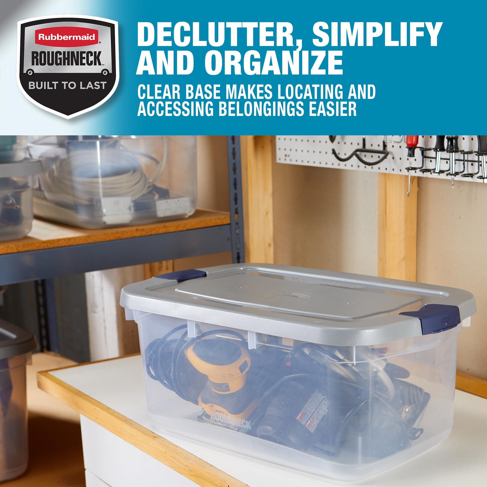 Rubbermaid Roughneck Clear 50 Qt/12 Gal Storage Containers, Pack of 5 with Latching Grey Lids, Visible Base, Sturdy and Stackable, Great for Storage and Organization