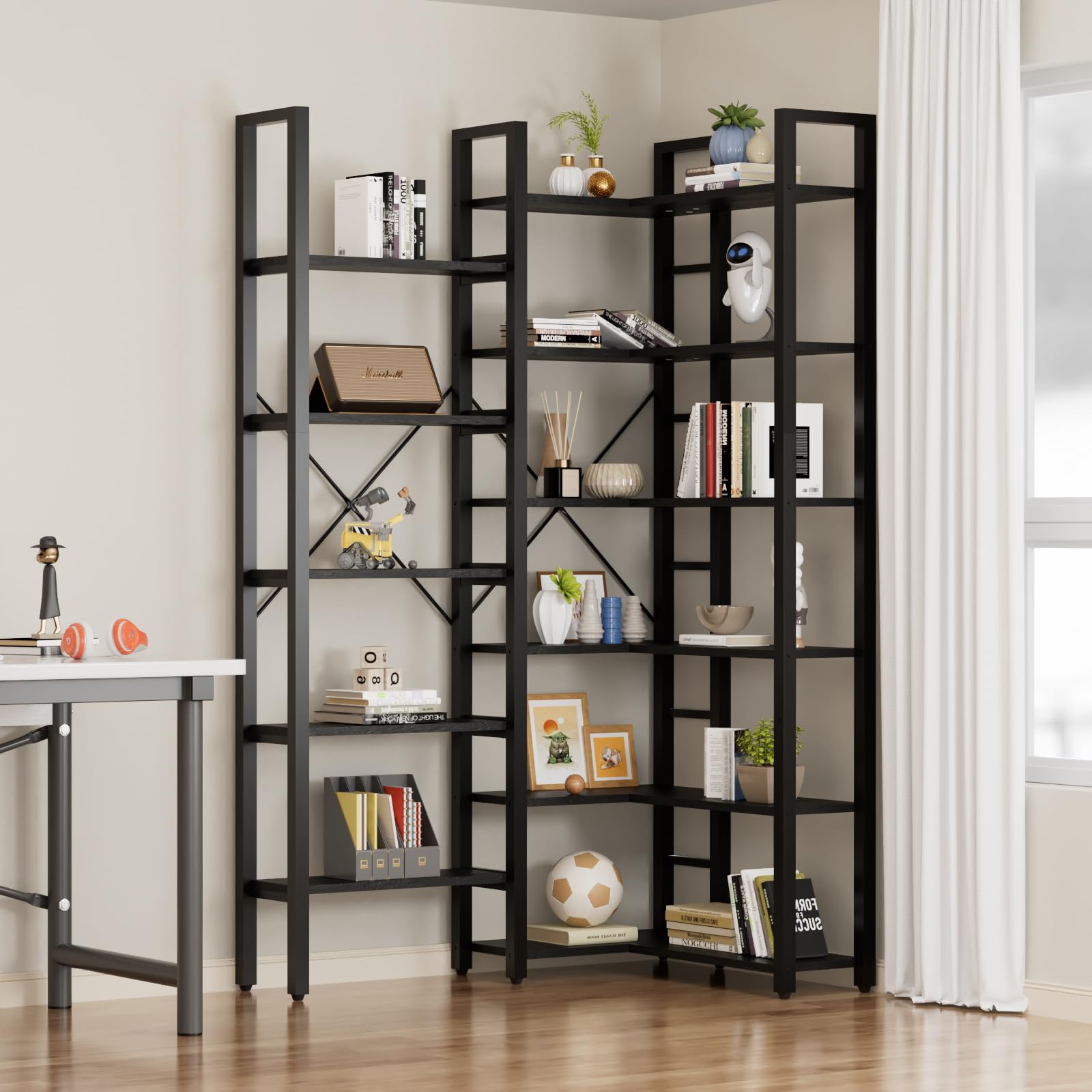 oneinmil Triple Wide 6-Shelf Bookcase Industrial Vintage Wood Style Large Open Bookshelves for Home&Office, Rustic Brown (6 Tier,Black)