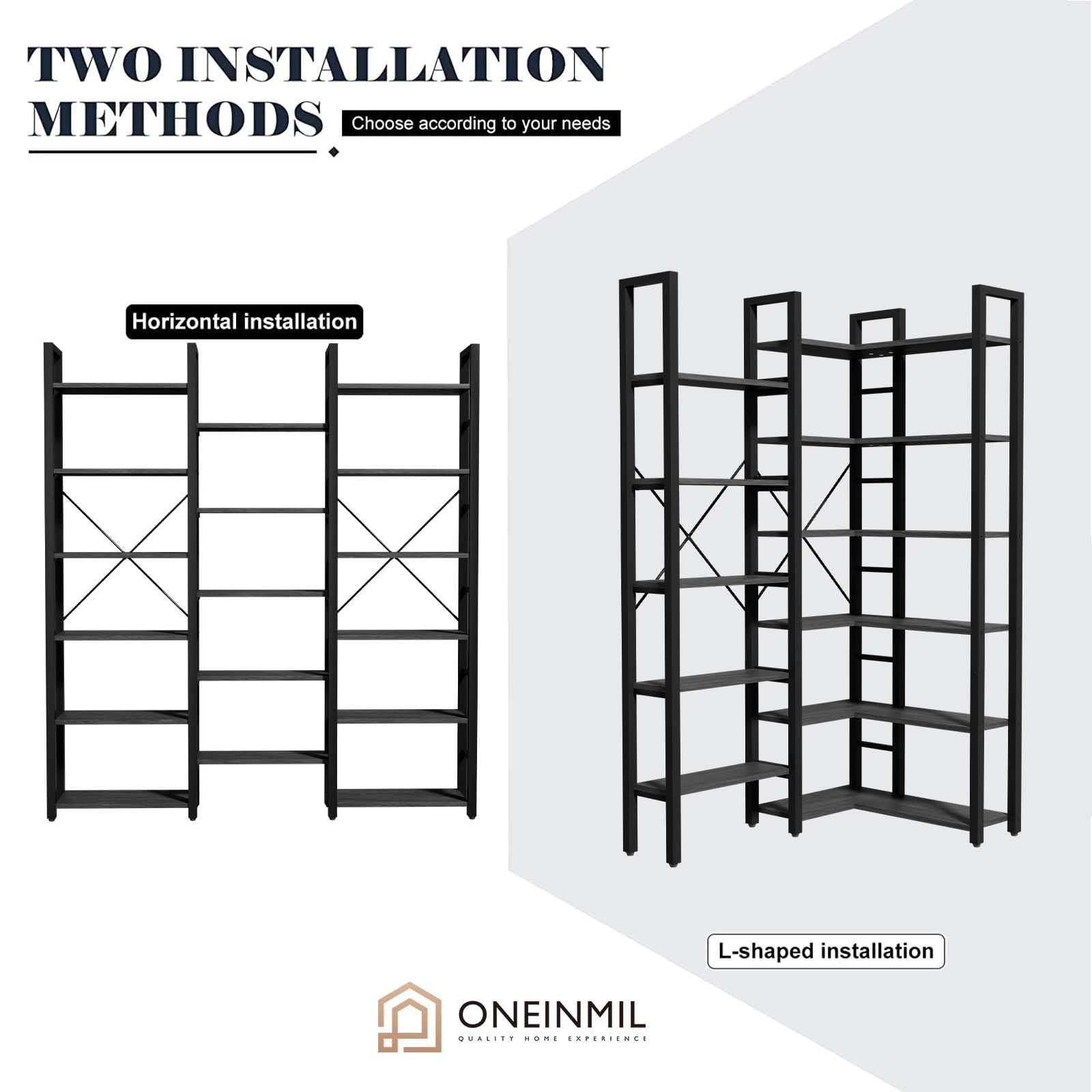 oneinmil Triple Wide 6-Shelf Bookcase Industrial Vintage Wood Style Large Open Bookshelves for Home&Office, Rustic Brown (6 Tier,Black)
