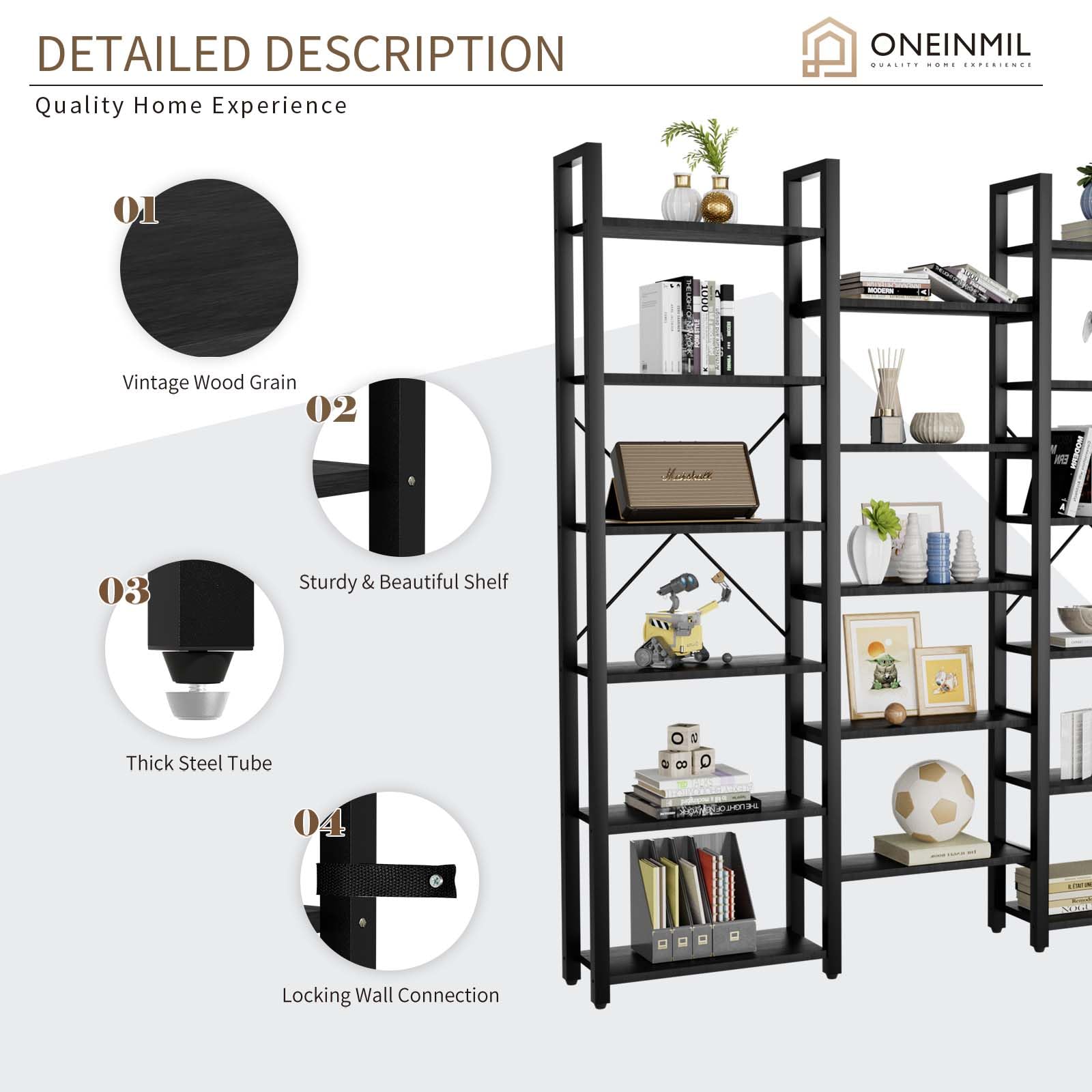 oneinmil Triple Wide 6-Shelf Bookcase Industrial Vintage Wood Style Large Open Bookshelves for Home&Office, Rustic Brown (6 Tier,Black)