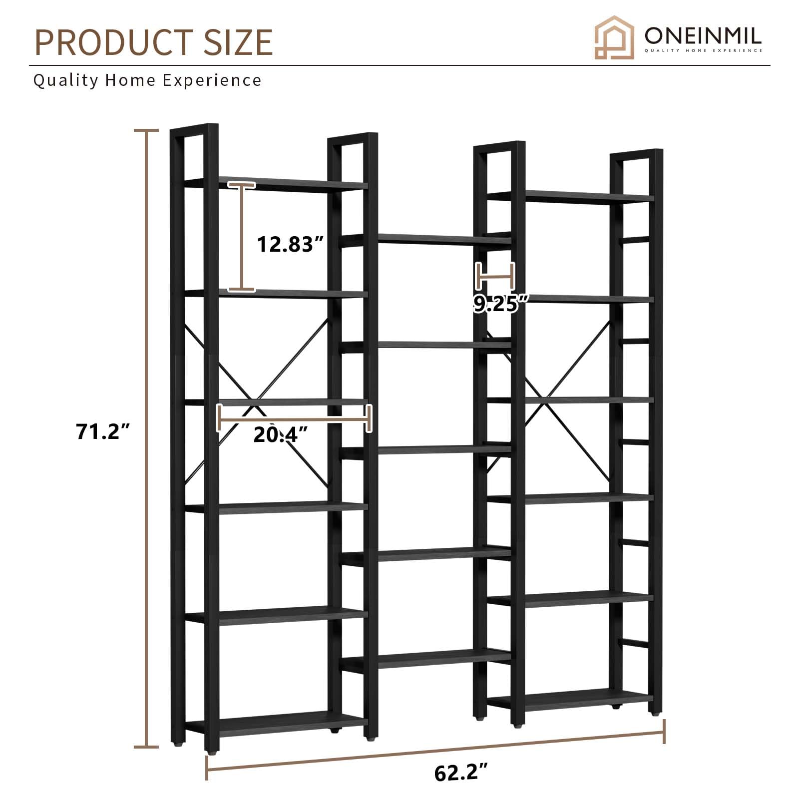 oneinmil Triple Wide 6-Shelf Bookcase Industrial Vintage Wood Style Large Open Bookshelves for Home&Office, Rustic Brown (6 Tier,Black)