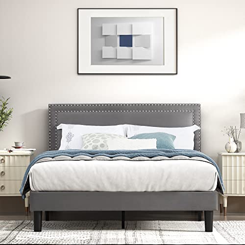 VECELO Full Size Platform Bed Frame with Height Adjustable Upholstered Headboard, Modern Mattress Foundation,Strong Wood Slat Support, No Box Spring Needed, Easy Assembly