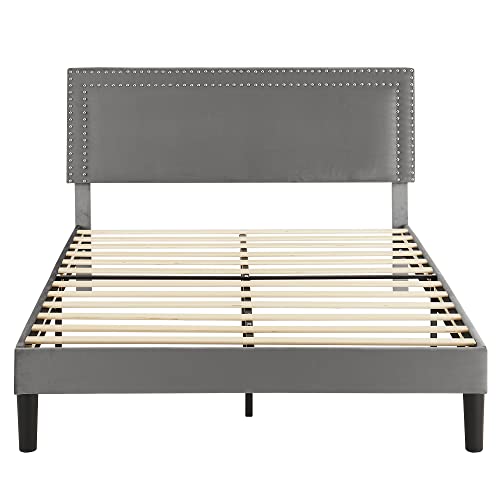 VECELO Full Size Platform Bed Frame with Height Adjustable Upholstered Headboard, Modern Mattress Foundation,Strong Wood Slat Support, No Box Spring Needed, Easy Assembly
