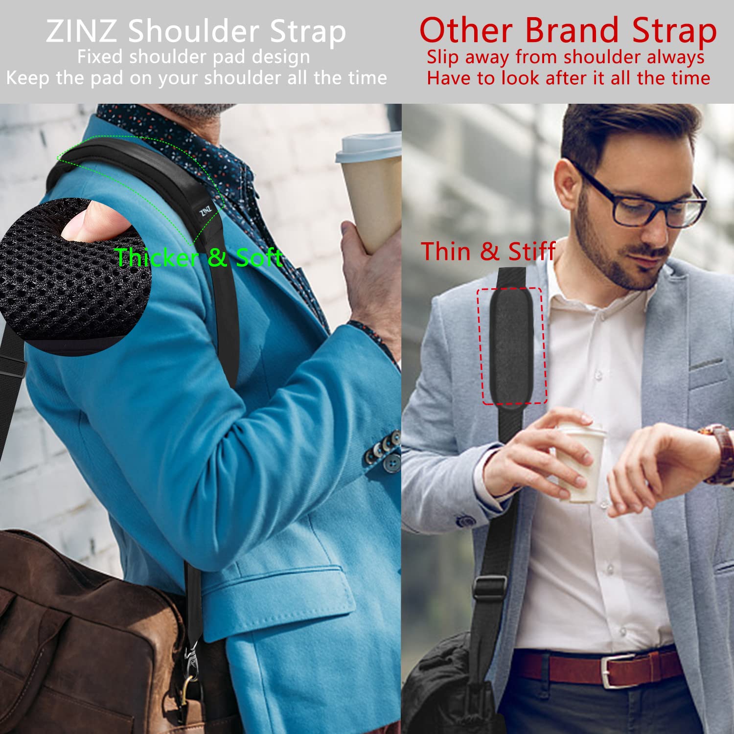 ZINZ Shoulder Strap 78" Universal Bag Strap with Ultra-thick Fixed Padded and Dual Balanced Adjustable Buckles for Briefcase, Travel Bag, Laptop Bag, Crossbody bag - Black