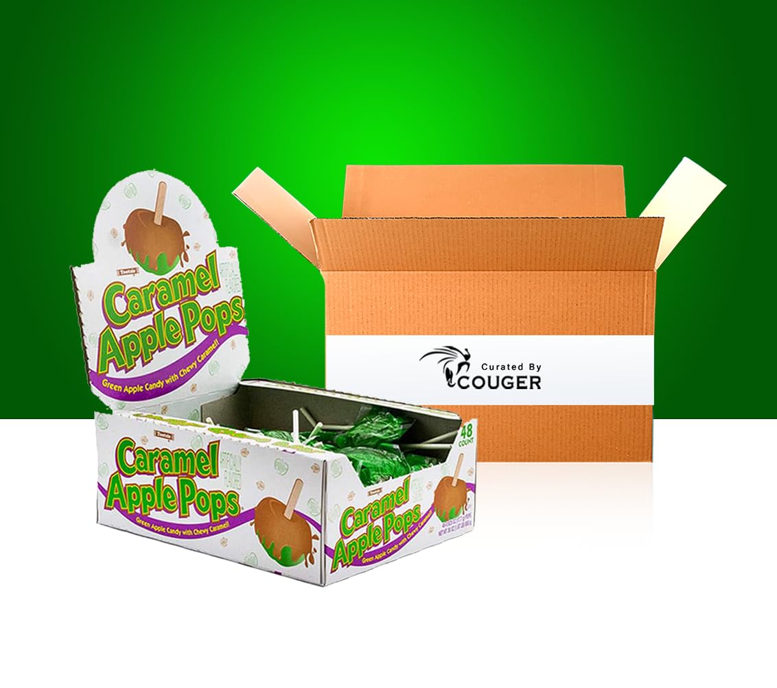 Tootsy-Roll Caramel Apple Pops - Caramel Covered Green Apple Candy Lollipops - Gluten Free Candy with Display Box Package with Couger Card Bundle - 48 Count