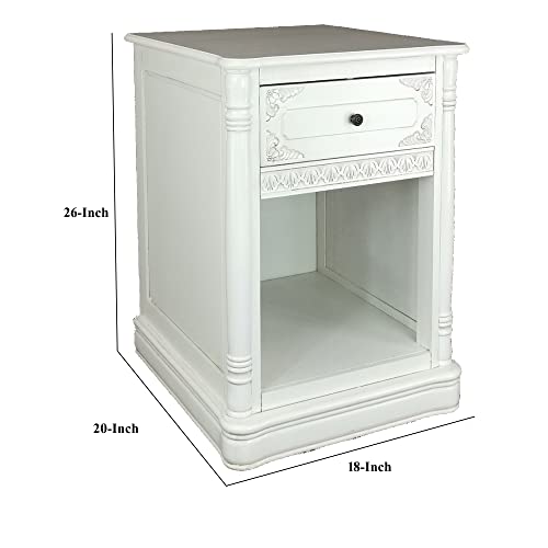 Benjara Kai 26 Inch Wood Accent Chest, 1 Drawer, Open Space, Carved Design, White