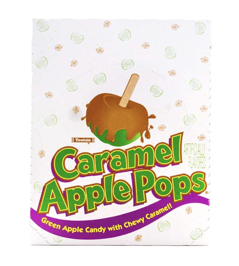 Tootsy-Roll Caramel Apple Pops - Caramel Covered Green Apple Candy Lollipops - Gluten Free Candy with Display Box Package with Couger Card Bundle - 48 Count