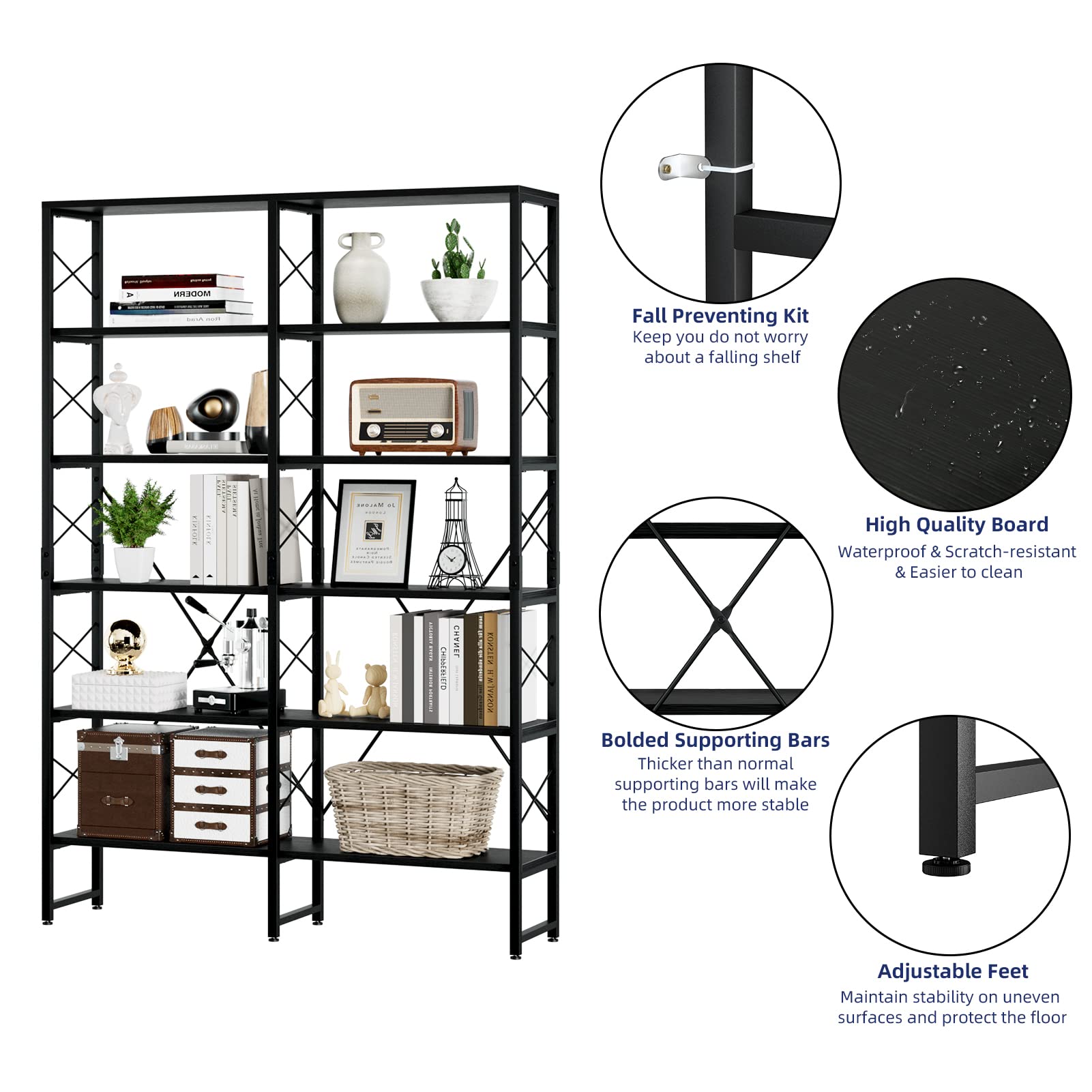 NUMENN Double Wide 6 Tier Bookshelf, Open Large Book Shelves, Tall Bookcases, Shelf Storage Organizer, Wood and Metal Display Shelf for Bedroom, Living Room and Home Office, Black