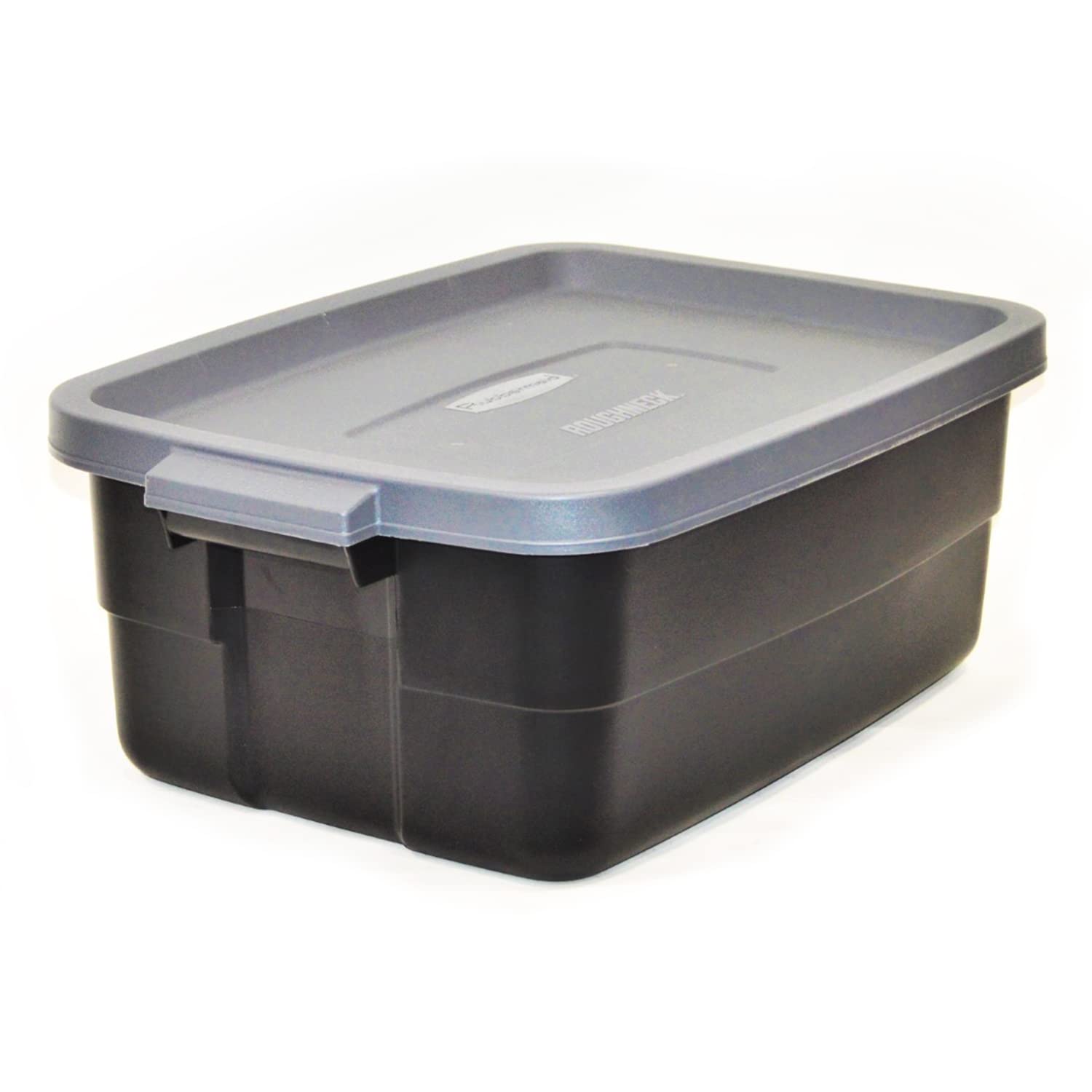 Rubbermaid Roughneck Tote 10 Gal, 6 Pack, Made in USA, Black & Gray, Rugged Plastic Stackable Storage Bins with Lids and Handles