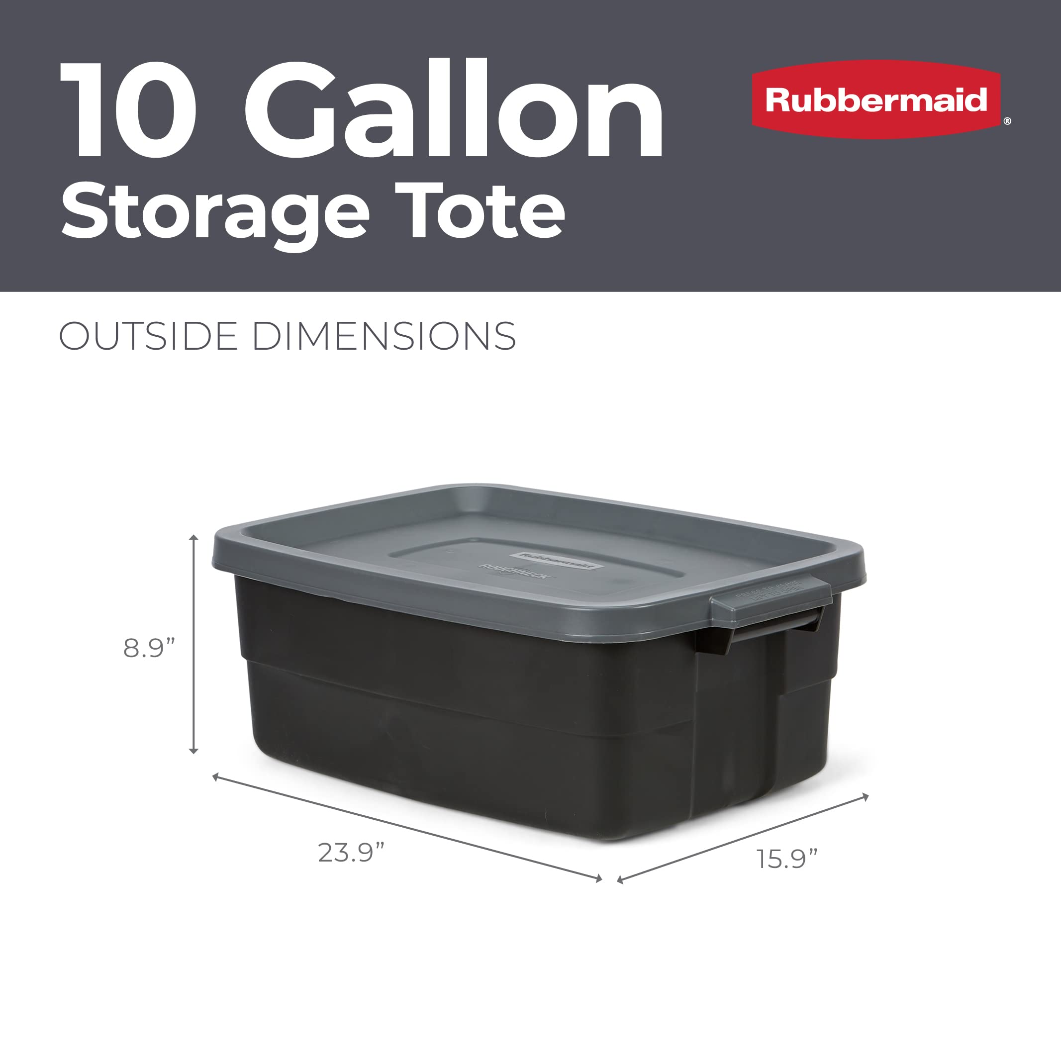 Rubbermaid Roughneck Tote 10 Gal, 6 Pack, Made in USA, Black & Gray, Rugged Plastic Stackable Storage Bins with Lids and Handles