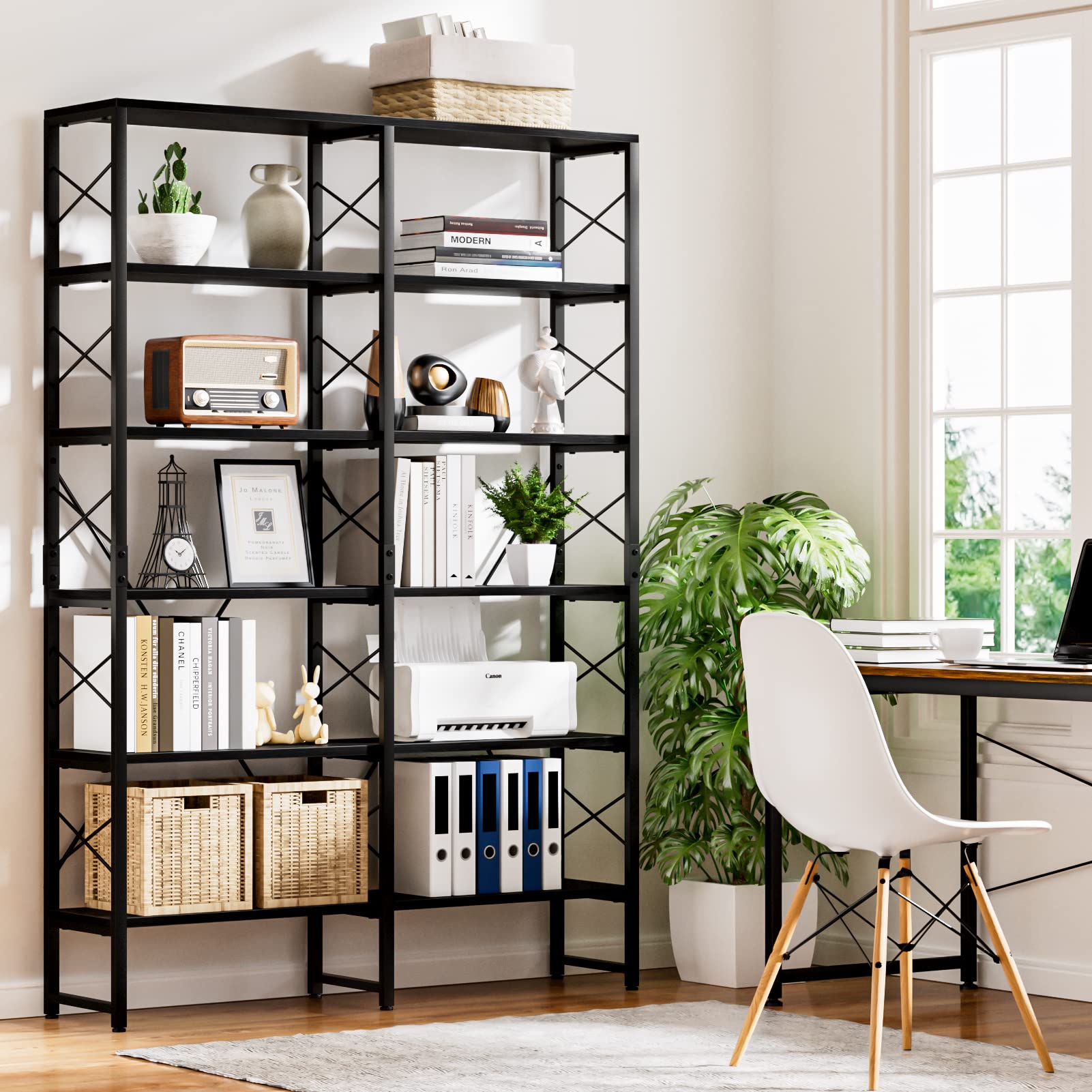 NUMENN Double Wide 6 Tier Bookshelf, Open Large Book Shelves, Tall Bookcases, Shelf Storage Organizer, Wood and Metal Display Shelf for Bedroom, Living Room and Home Office, Black