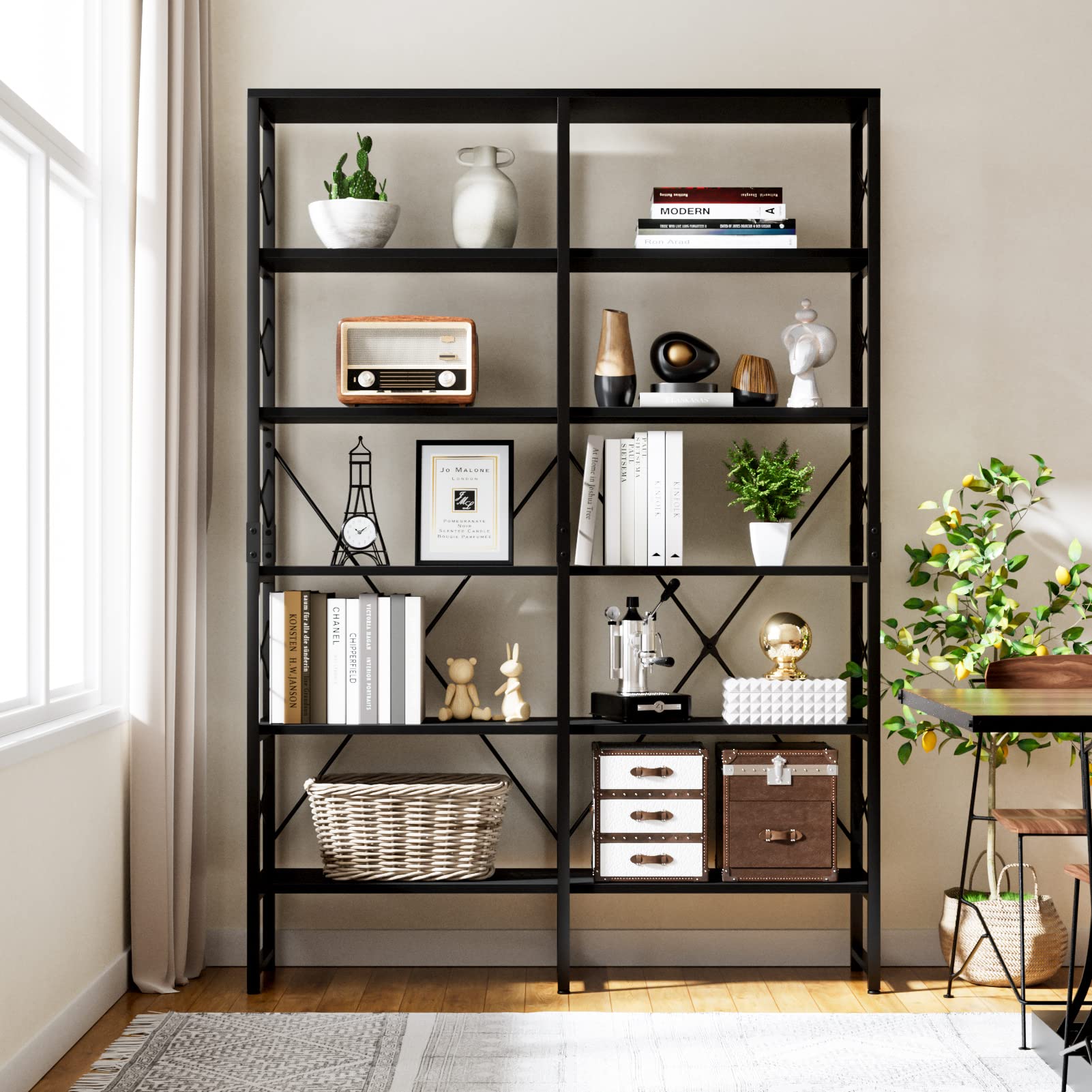 NUMENN Double Wide 6 Tier Bookshelf, Open Large Book Shelves, Tall Bookcases, Shelf Storage Organizer, Wood and Metal Display Shelf for Bedroom, Living Room and Home Office, Black
