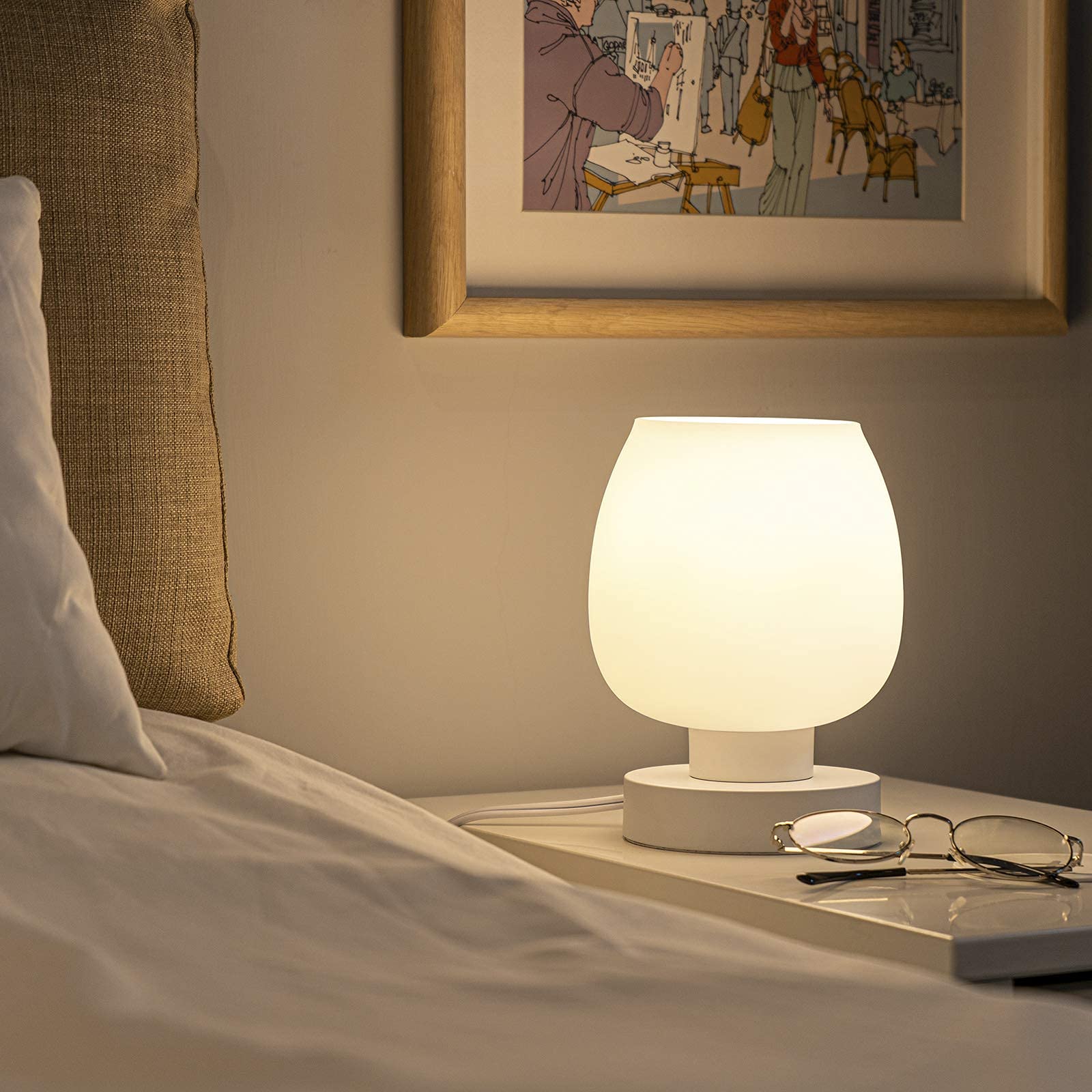 Touch Bedside Table Lamp - Modern Small Lamp for Bedroom Living Room Nightstand, Desk lamp with White Opal Glass Lamp Shade, Warm LED Bulb, 3 Way Dimmable, Simple Design Christmas Gift