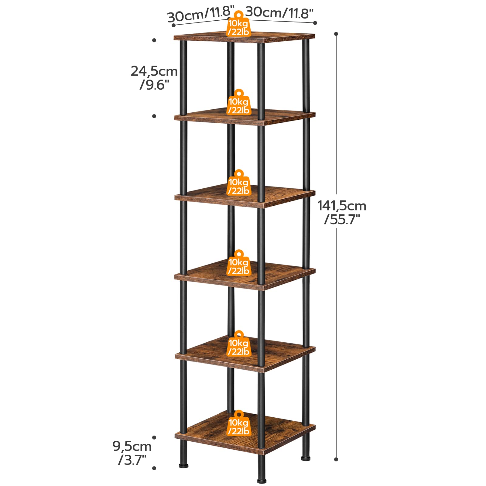 HOOBRO 6-Tier Corner Shelf, Corner Square Rack Display Shelf, Tall Storage Rack Plant Stand, Corner Bookcase for Small Spaces, Living Room, Home Office, Kitchen, Rustic Brown and Black BF55CJ01