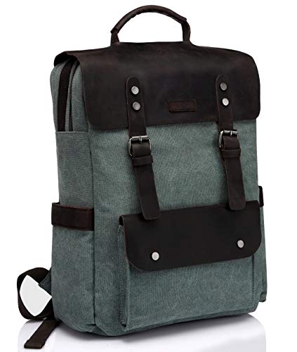 VASCHY Canvas Laptop Backpack, Vintage Leather Backpack for Men Women Canvas Rucksack Daypack for Work