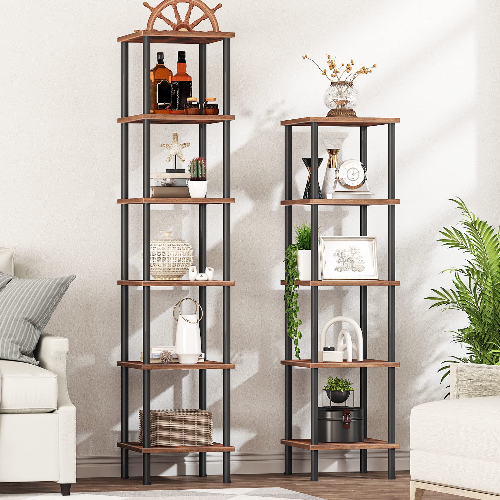 HOOBRO 6-Tier Corner Shelf, Corner Square Rack Display Shelf, Tall Storage Rack Plant Stand, Corner Bookcase for Small Spaces, Living Room, Home Office, Kitchen, Rustic Brown and Black BF55CJ01