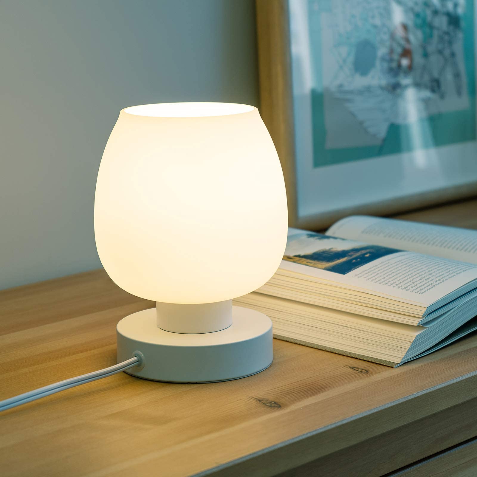 Touch Bedside Table Lamp - Modern Small Lamp for Bedroom Living Room Nightstand, Desk lamp with White Opal Glass Lamp Shade, Warm LED Bulb, 3 Way Dimmable, Simple Design Christmas Gift