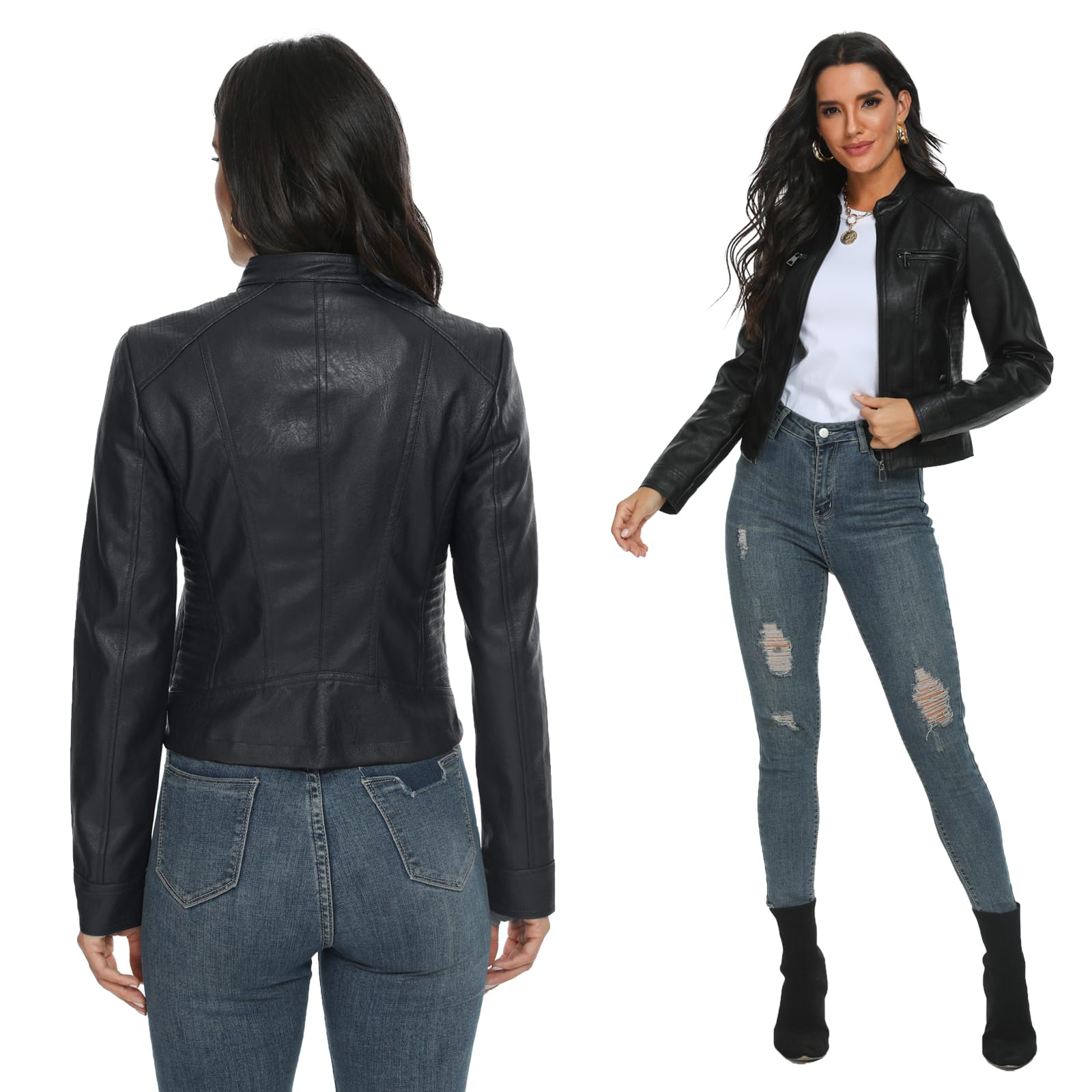 Fahsyee Faux Leather Jacket for Women, Moto Biker Slim Vegan MotorcycleZipper Coat Outwear, Black, Size M