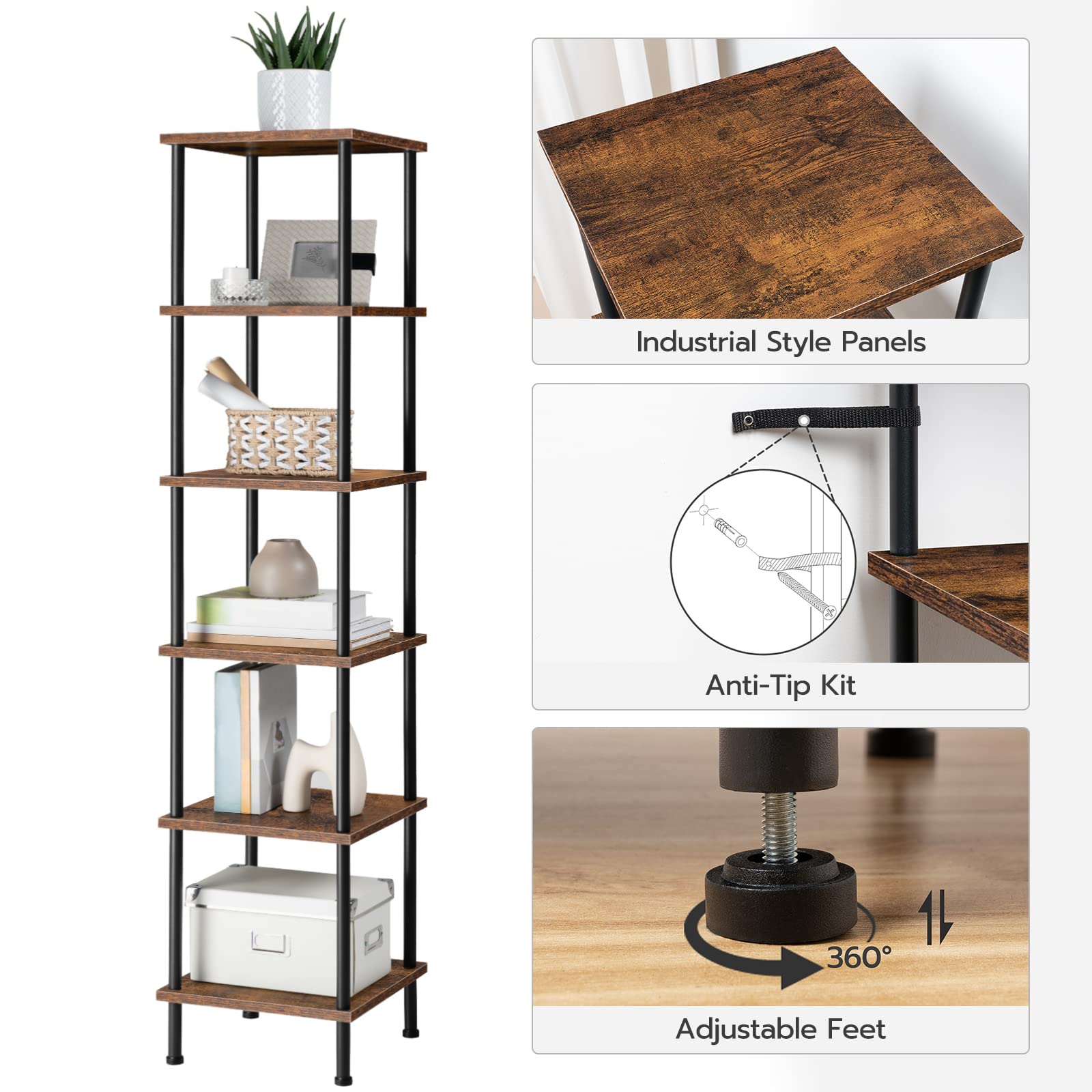 HOOBRO 6-Tier Corner Shelf, Corner Square Rack Display Shelf, Tall Storage Rack Plant Stand, Corner Bookcase for Small Spaces, Living Room, Home Office, Kitchen, Rustic Brown and Black BF55CJ01