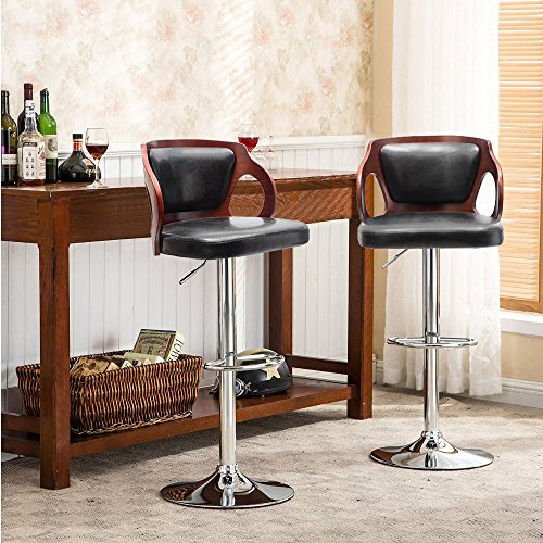 Homall Bar Stools Walnut Bentwood Adjustable Height Leather Modern Barstools with Back Vinyl Seat Extremely Comfy Bar Stool 1 Piece (Black)