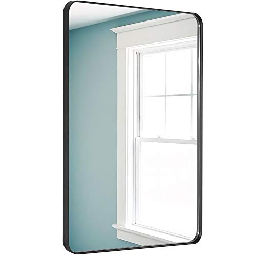 DOHEEM Wall Mirror for Bathroom - Rounded Corner Mirror Black Metal Frame 22" X 30" Hangs Horizontal Or Vertical