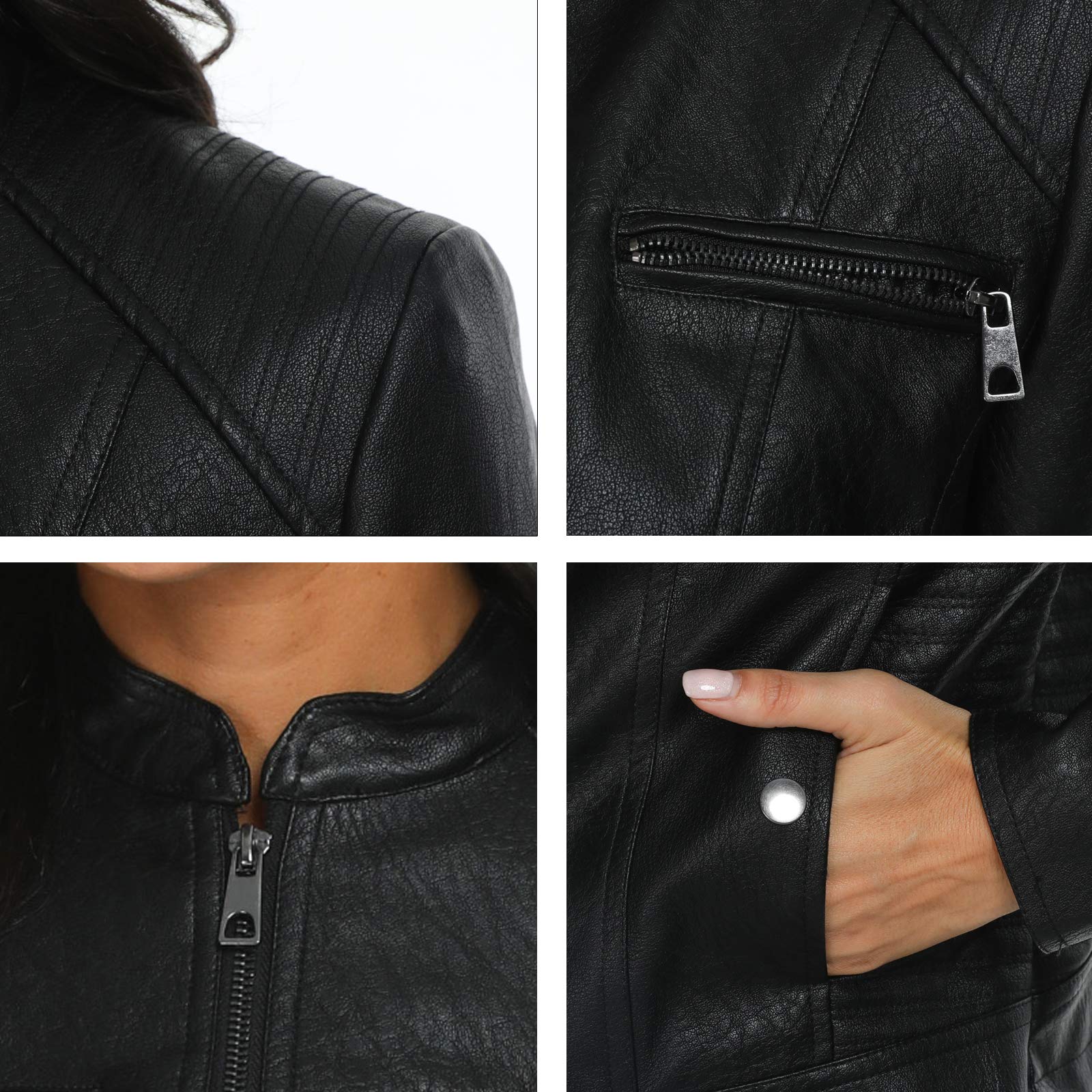 Fahsyee Faux Leather Jacket for Women, Moto Biker Slim Vegan MotorcycleZipper Coat Outwear, Black, Size M