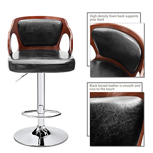 Homall Bar Stools Walnut Bentwood Adjustable Height Leather Modern Barstools with Back Vinyl Seat Extremely Comfy Bar Stool 1 Piece (Black)
