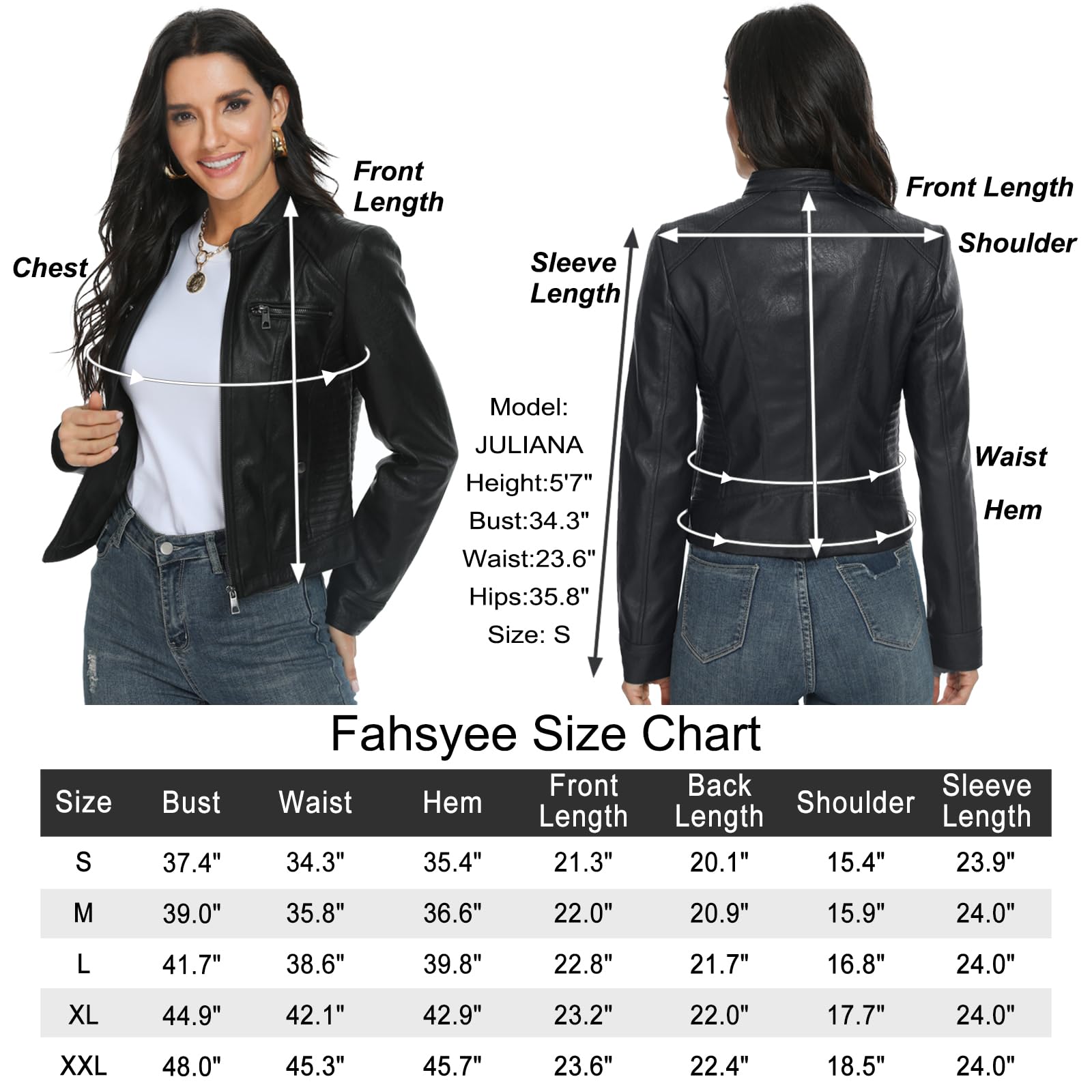 Fahsyee Faux Leather Jacket for Women, Moto Biker Slim Vegan MotorcycleZipper Coat Outwear, Black, Size M