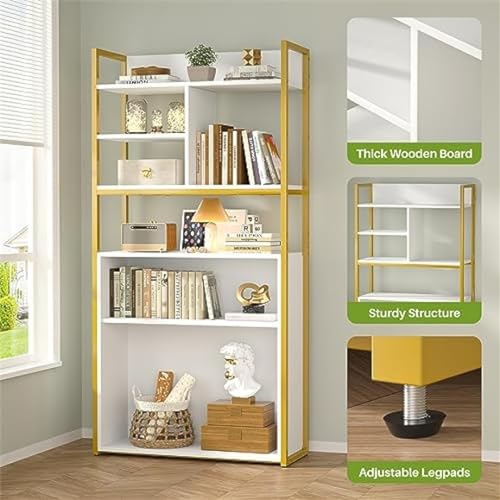 DIRKES White Industrial Bookshelf,6 Tier Tall Bookshelves Wood and Gold Metal Frame Standing Bookcase, Display Book Shelf with Adjustable Storage Shelves for Home Office, Living Room, Bed Room