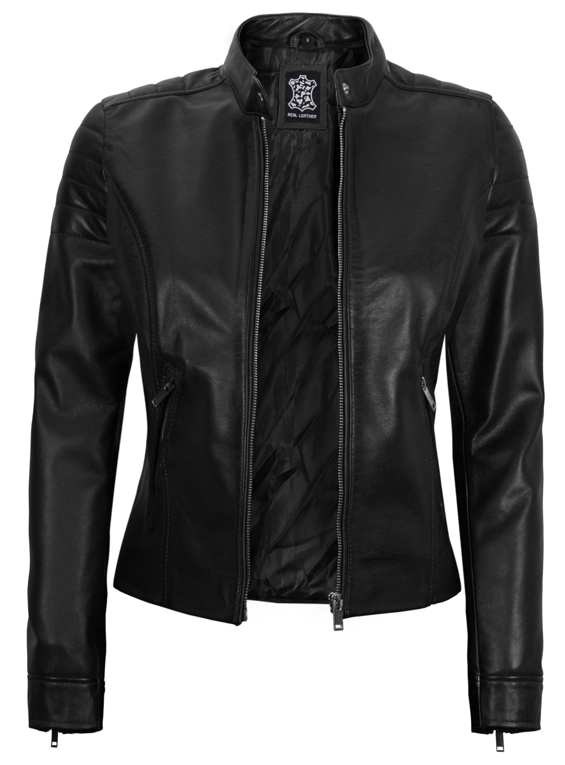 Blingsoul HRF Real Lambskin Black Leather Jackets For Women | [1309743] Carrie Black, M