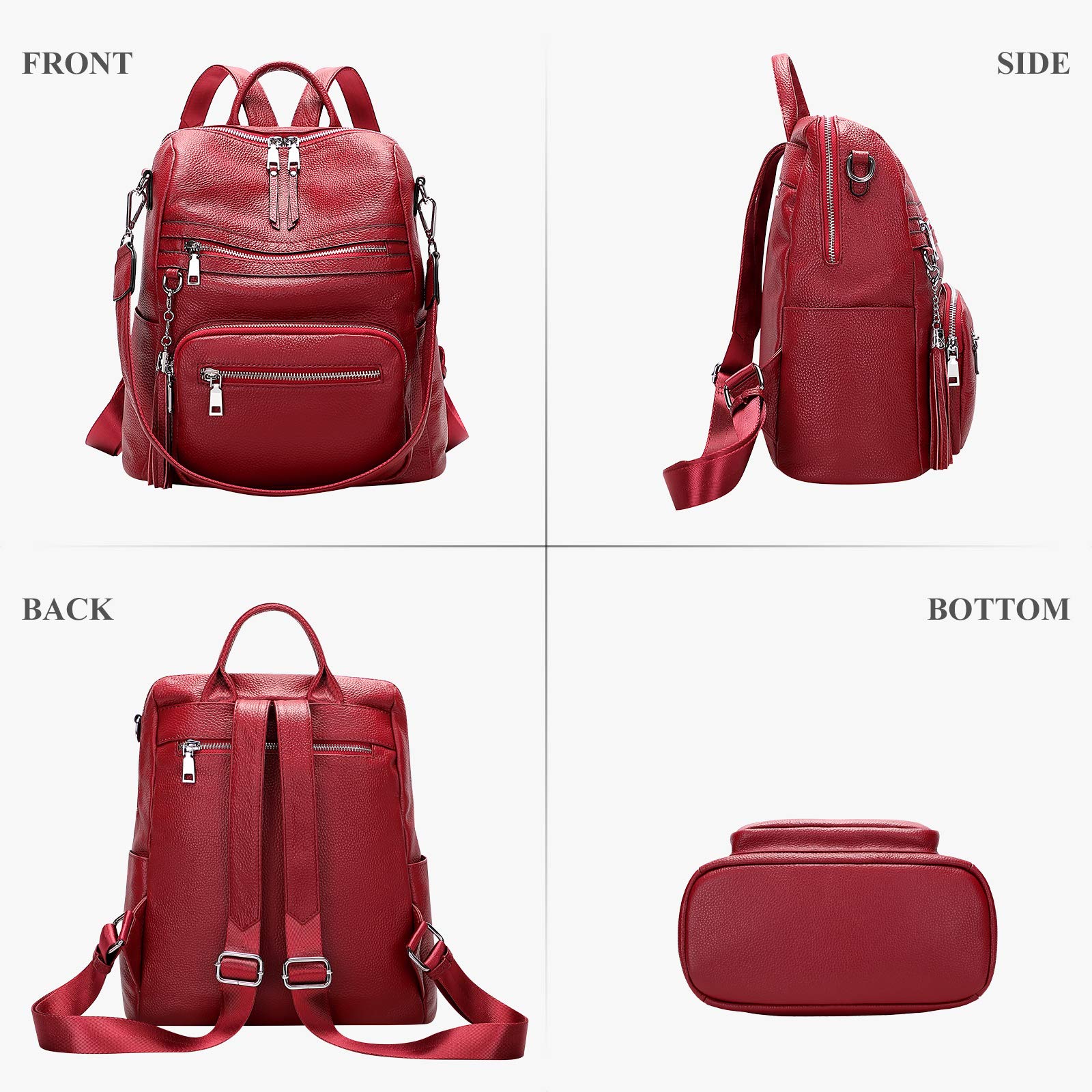 ALTOSY Genuine Leather Backpack Purse for Women Large Shoulder Bag With Laptop Compartment Multiple Pockets(S106 Red)
