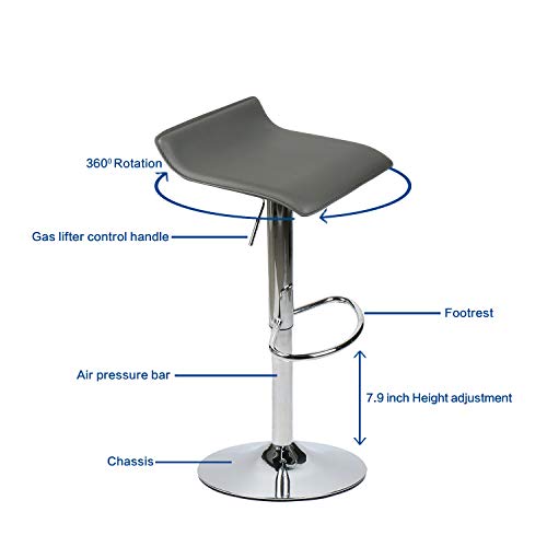 Set of 2 Barstool, Adjustable Swivel Bar Stools with PU Leather and Chrome Base, Gaslift Pub Counter Chairs, Grey
