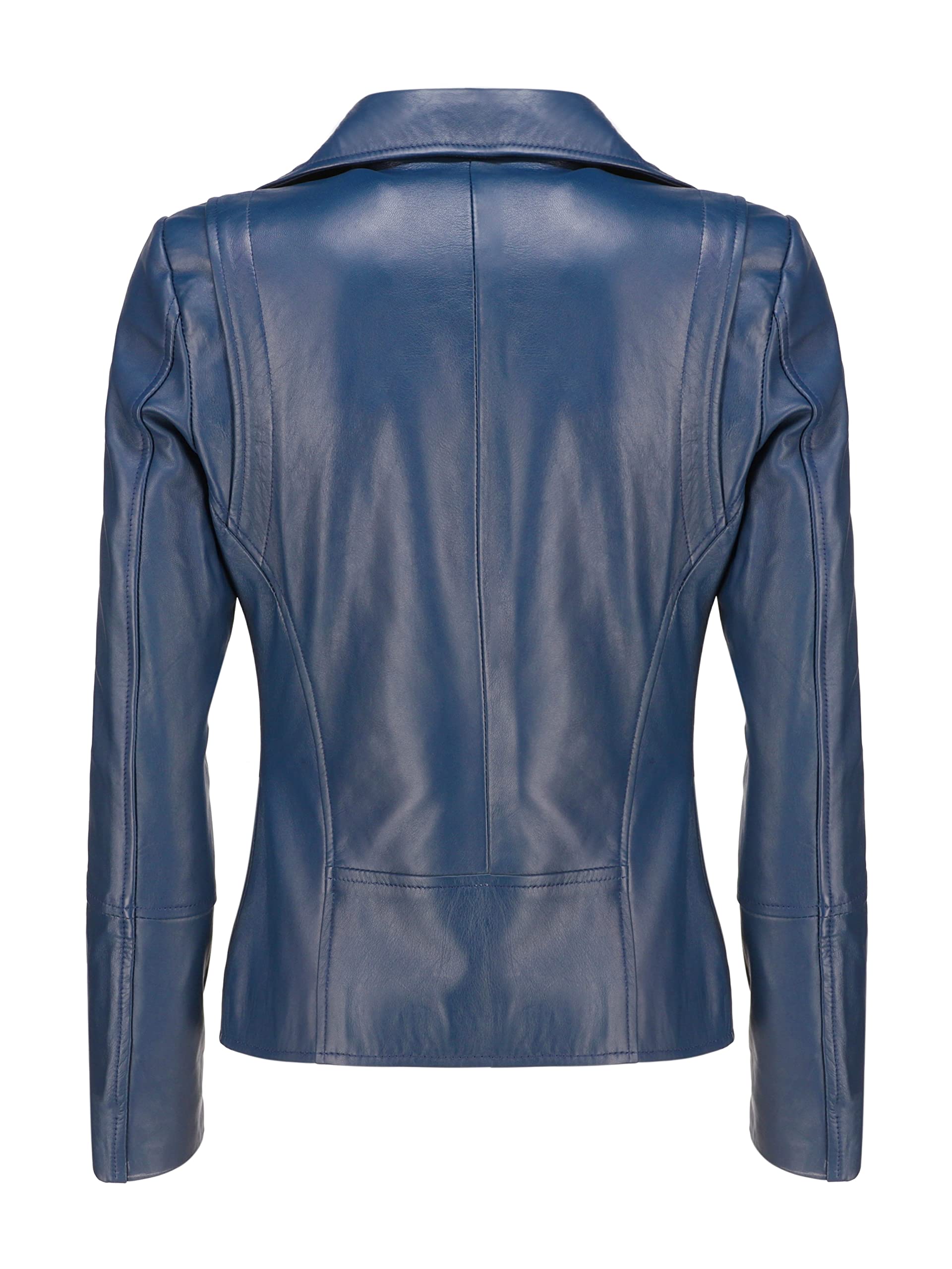 Jild Women's Asymmetrical Zip-Up Real Lambskin Leather Motorcycle Jacket - Casual Fashion Moto Biker Leather Jacket Women (BW-Blu-L)