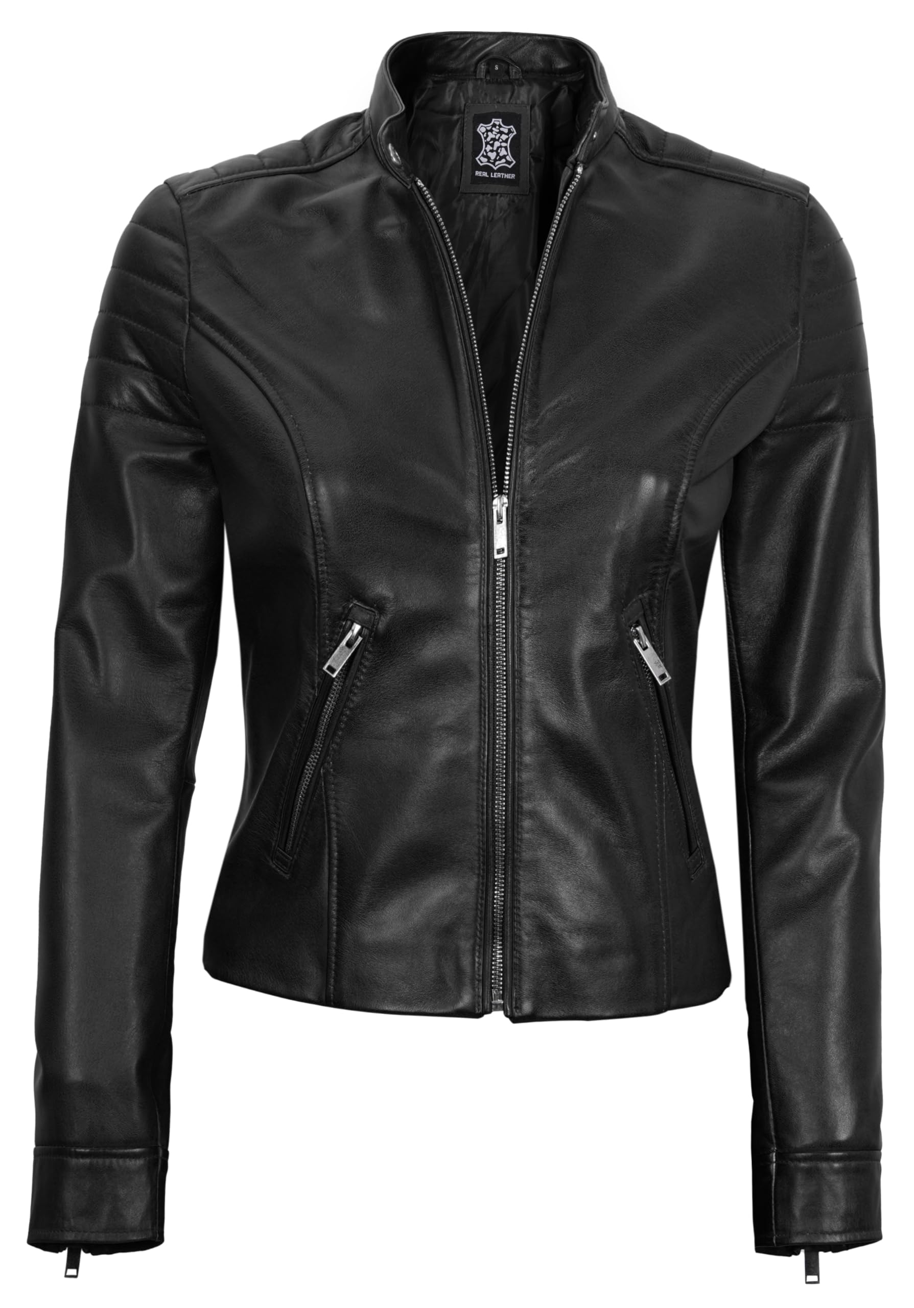 Blingsoul HRF Real Lambskin Black Leather Jackets For Women | [1309743] Carrie Black, M