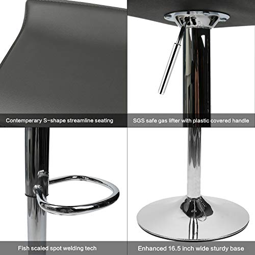 Set of 2 Barstool, Adjustable Swivel Bar Stools with PU Leather and Chrome Base, Gaslift Pub Counter Chairs, Grey