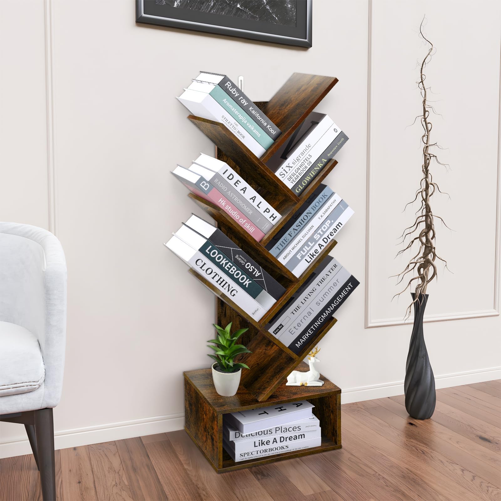 Luckyeestar 6 Tier Tree Bookshelf, Retro Floor-Standing 6 Shelf Bookcase Storage Rack, Wooden Storage Rack Modern Bookshelf, Put Books, Photo Albums, Magazines, CD( Rustic Walnut)