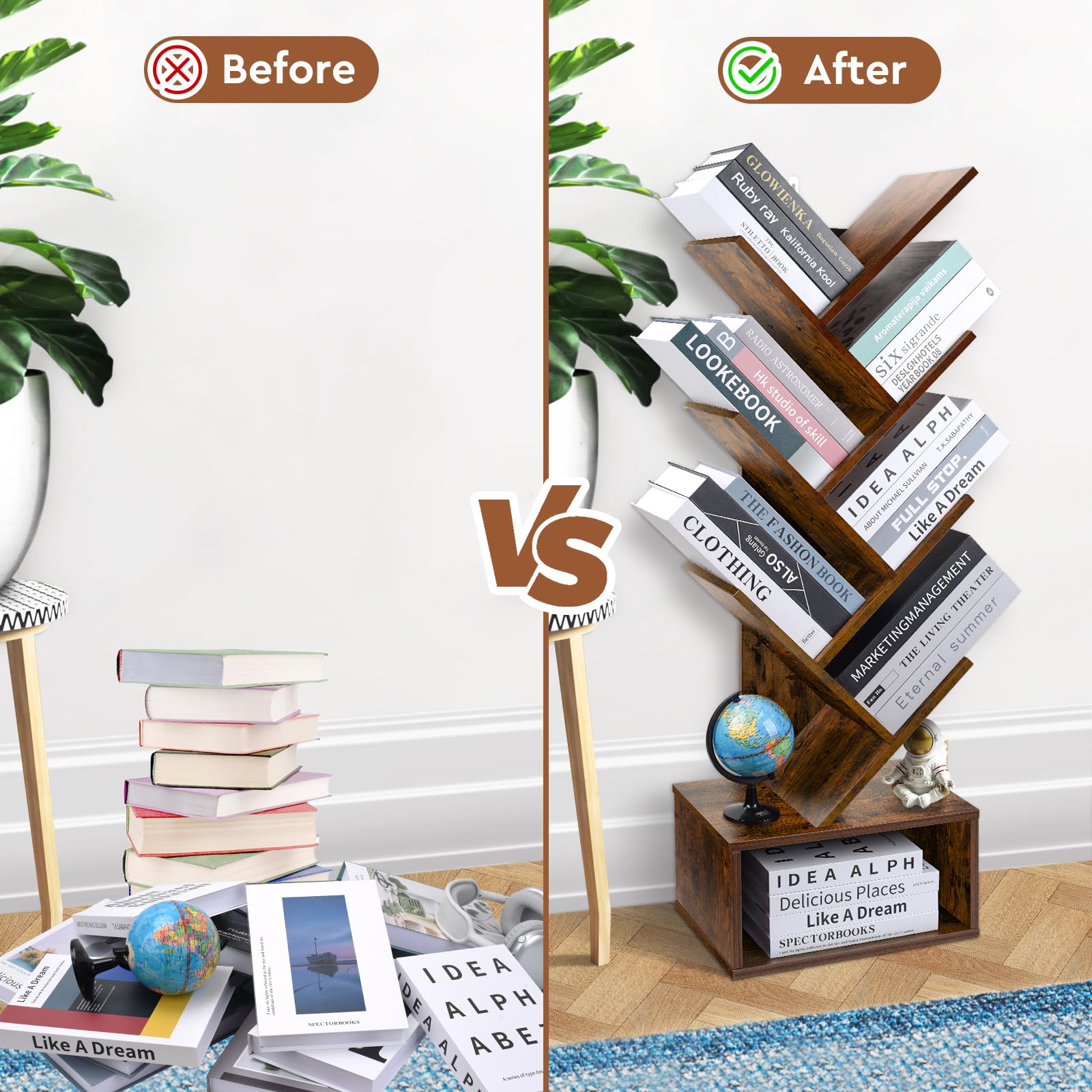 Luckyeestar 6 Tier Tree Bookshelf, Retro Floor-Standing 6 Shelf Bookcase Storage Rack, Wooden Storage Rack Modern Bookshelf, Put Books, Photo Albums, Magazines, CD( Rustic Walnut)