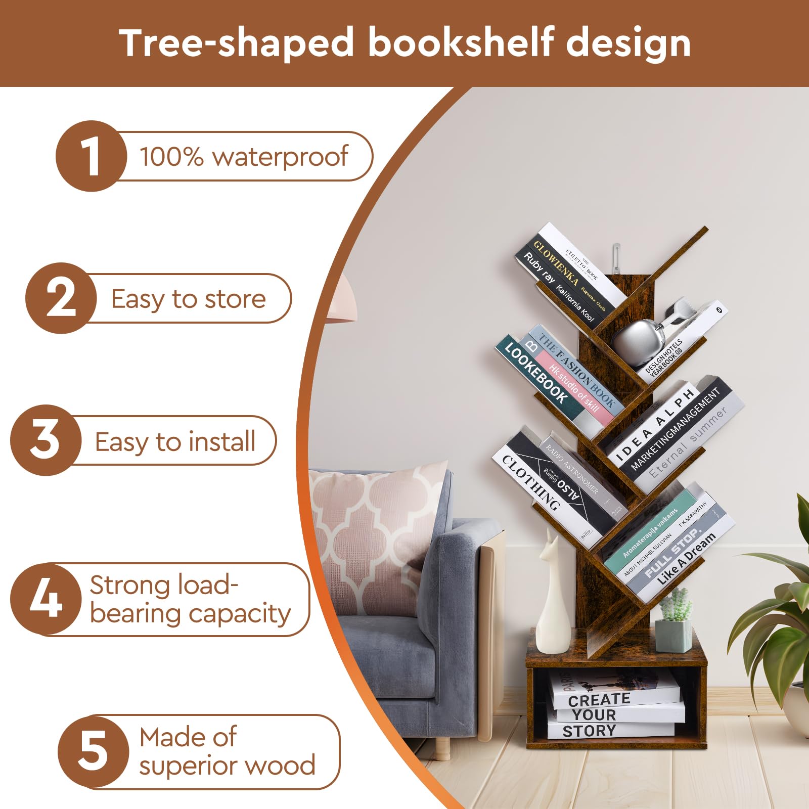 Luckyeestar 6 Tier Tree Bookshelf, Retro Floor-Standing 6 Shelf Bookcase Storage Rack, Wooden Storage Rack Modern Bookshelf, Put Books, Photo Albums, Magazines, CD( Rustic Walnut)